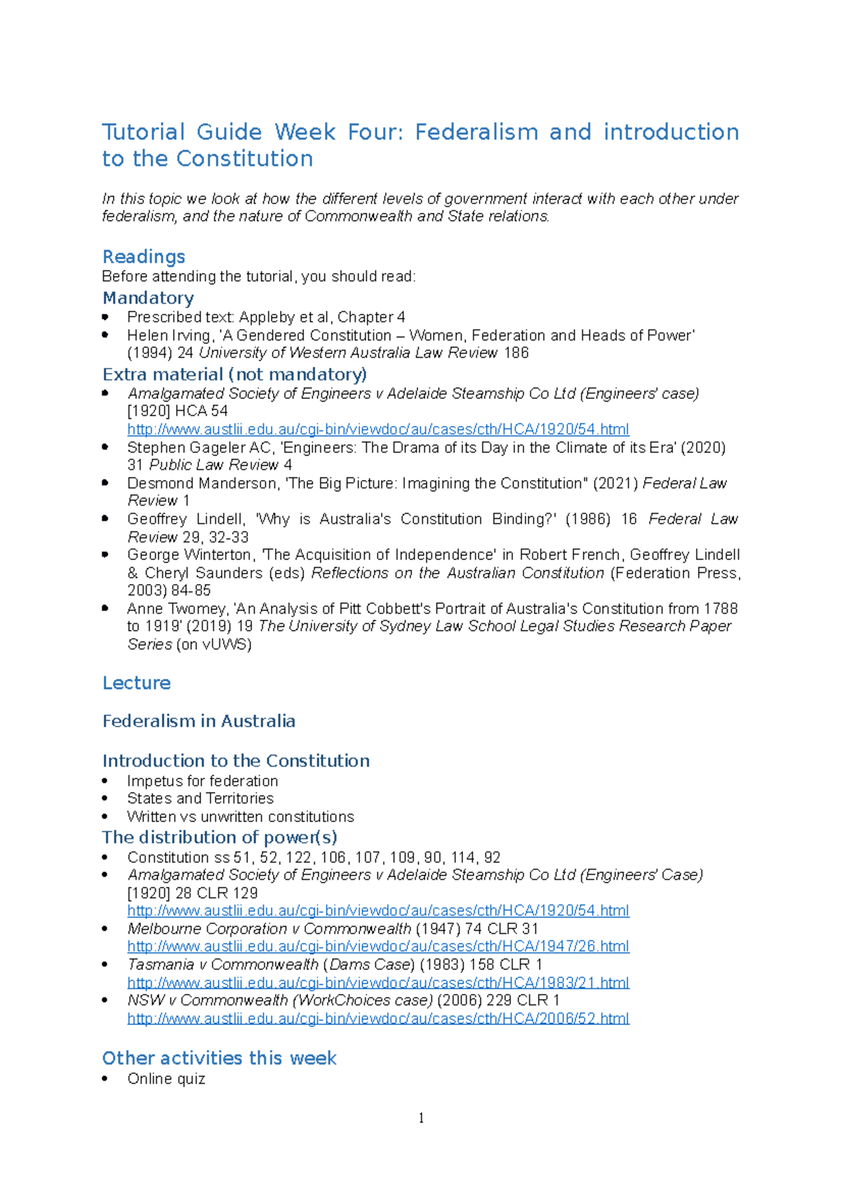 Tutorial Guide Week 4 21 - Tutorial Guide Week Four: Federalism and ...