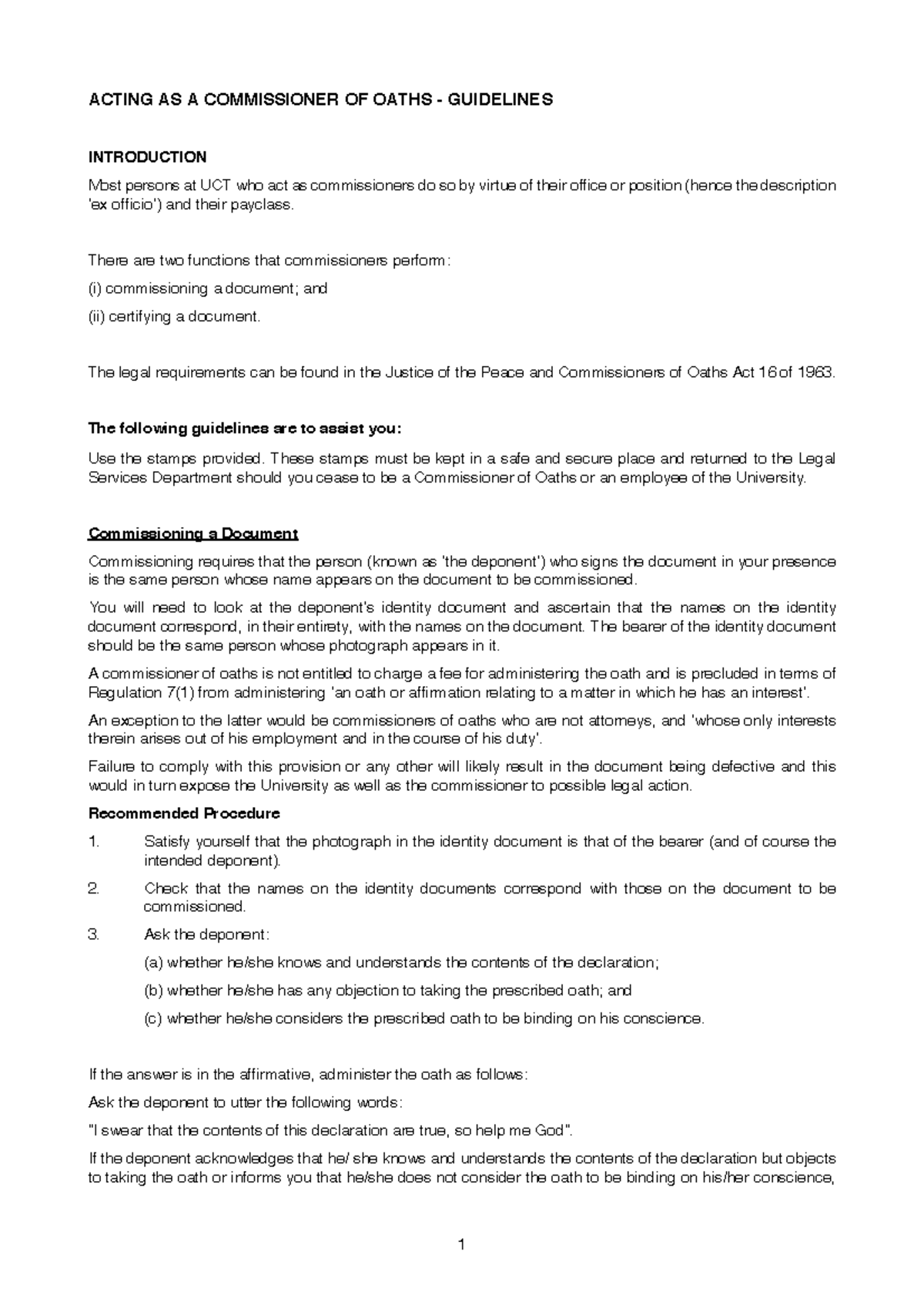 UCT Commissioner of Oaths Guidelines 2024 - 1 ACTING AS A COMMISSIONER ...