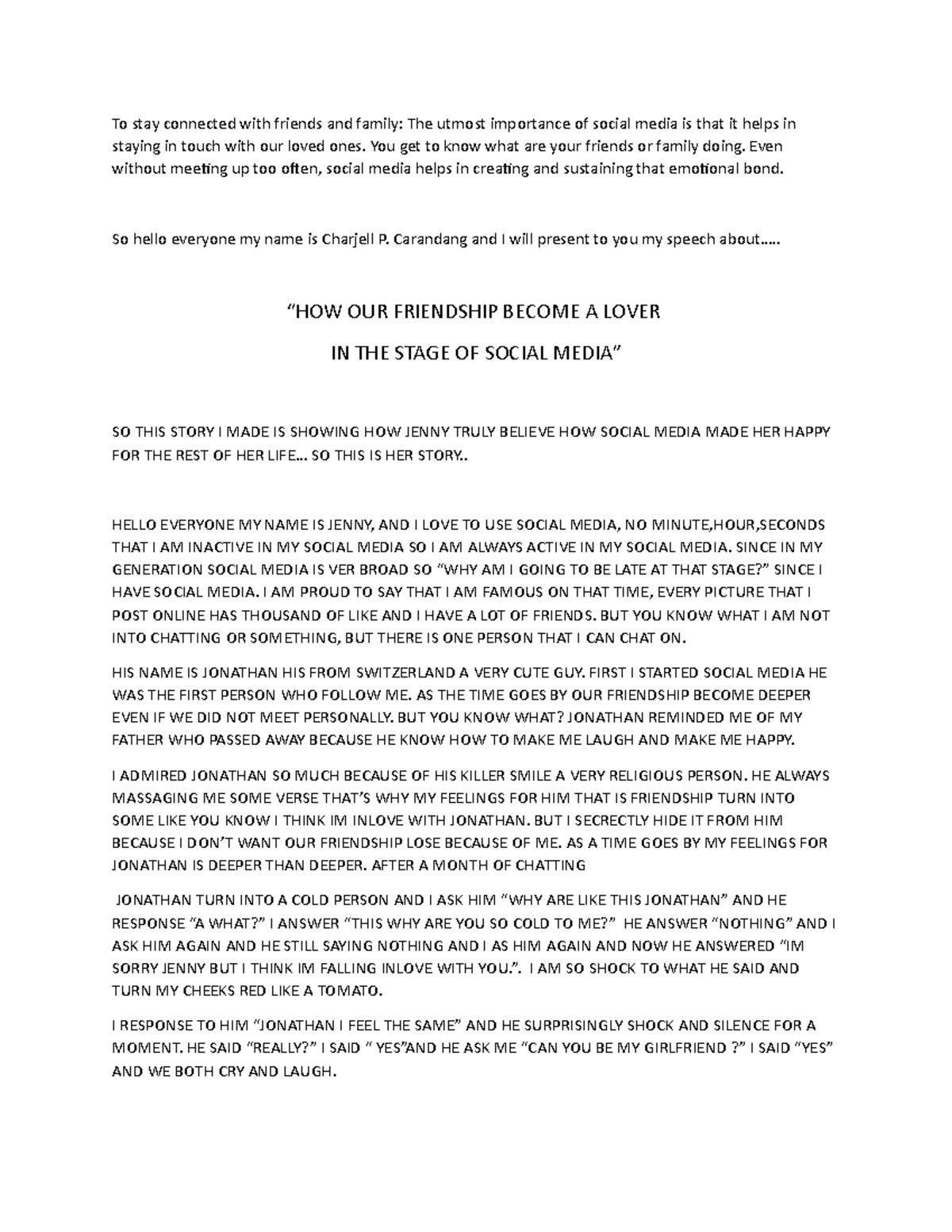 Purcom- Speech - how our friendship become a lover in the stage of social media - To stay ...