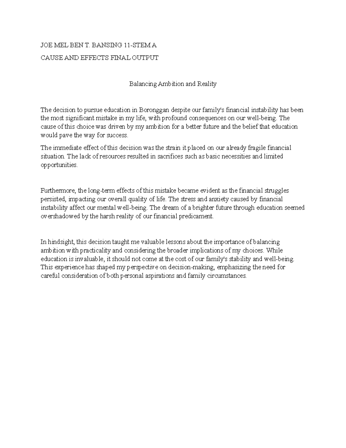 APPLICATION FORM - JOE MEL BEN T. BANSING 11-STEM A CAUSE AND EFFECTS FINAL OUTPUT Balancing ...