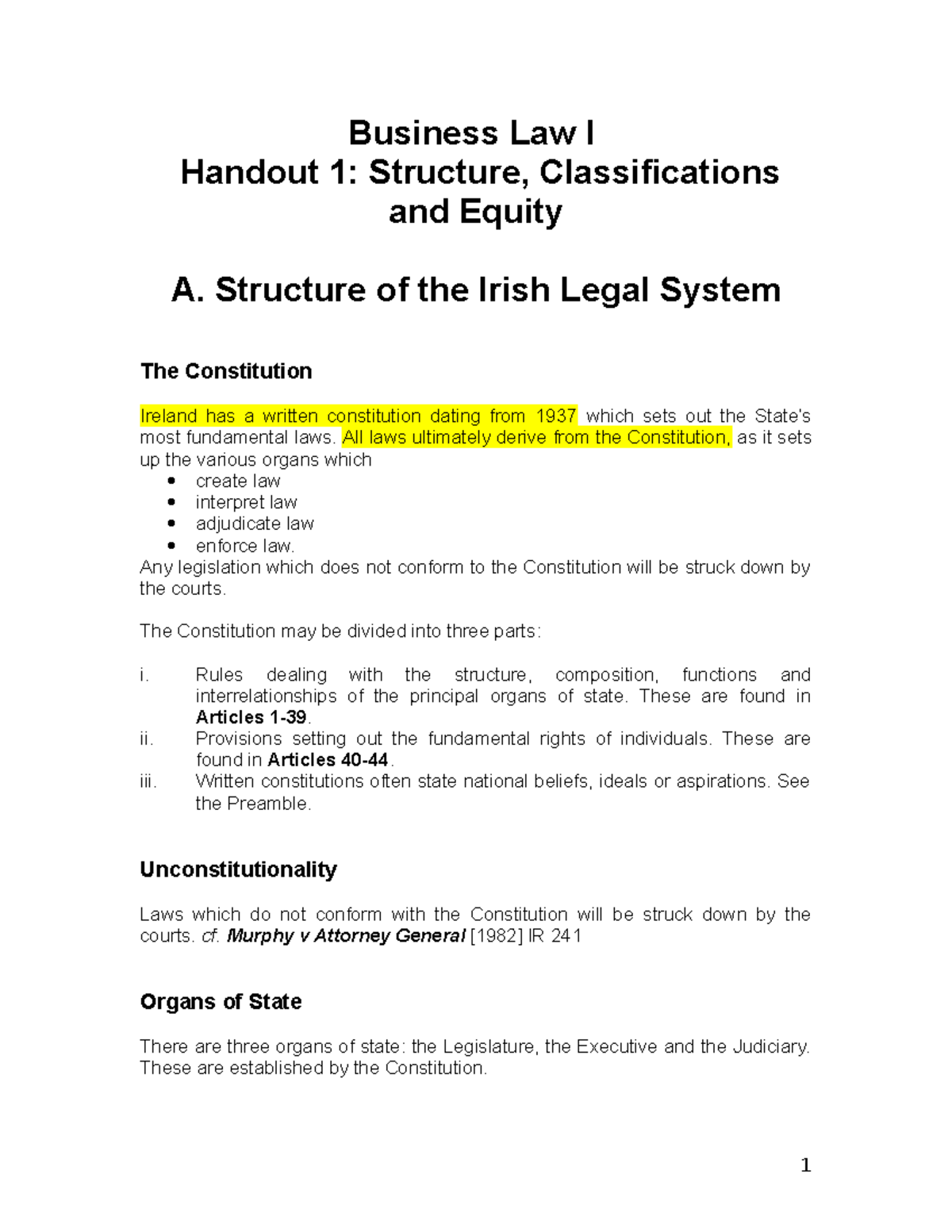 Business Law I - Handout 1 - Business Law I Handout 1: Structure ...