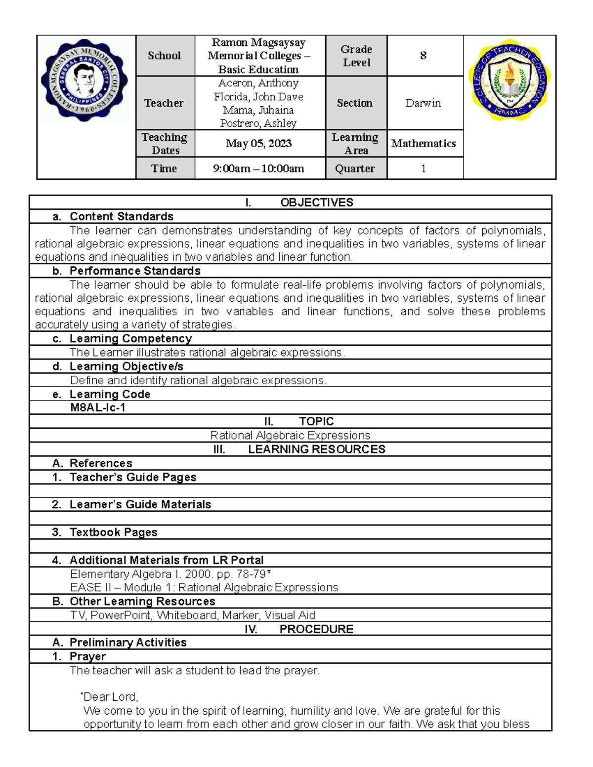 Group 1 Lesson PLAN - asdasda - School Ramon Magsaysay Memorial ...