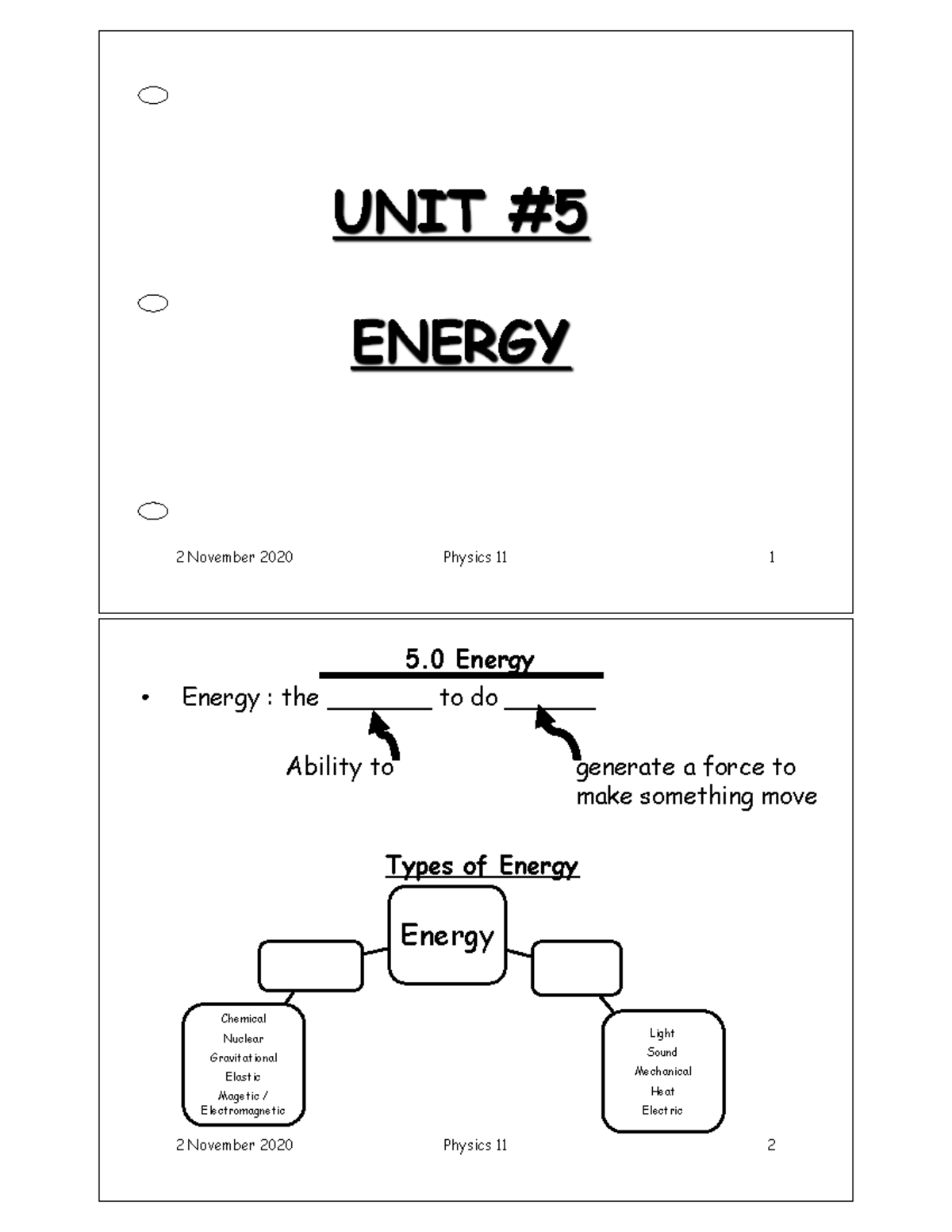 5.0 Energy 2020 Student Notes - 2 November 2020 Physics 11 1 UNIT ...