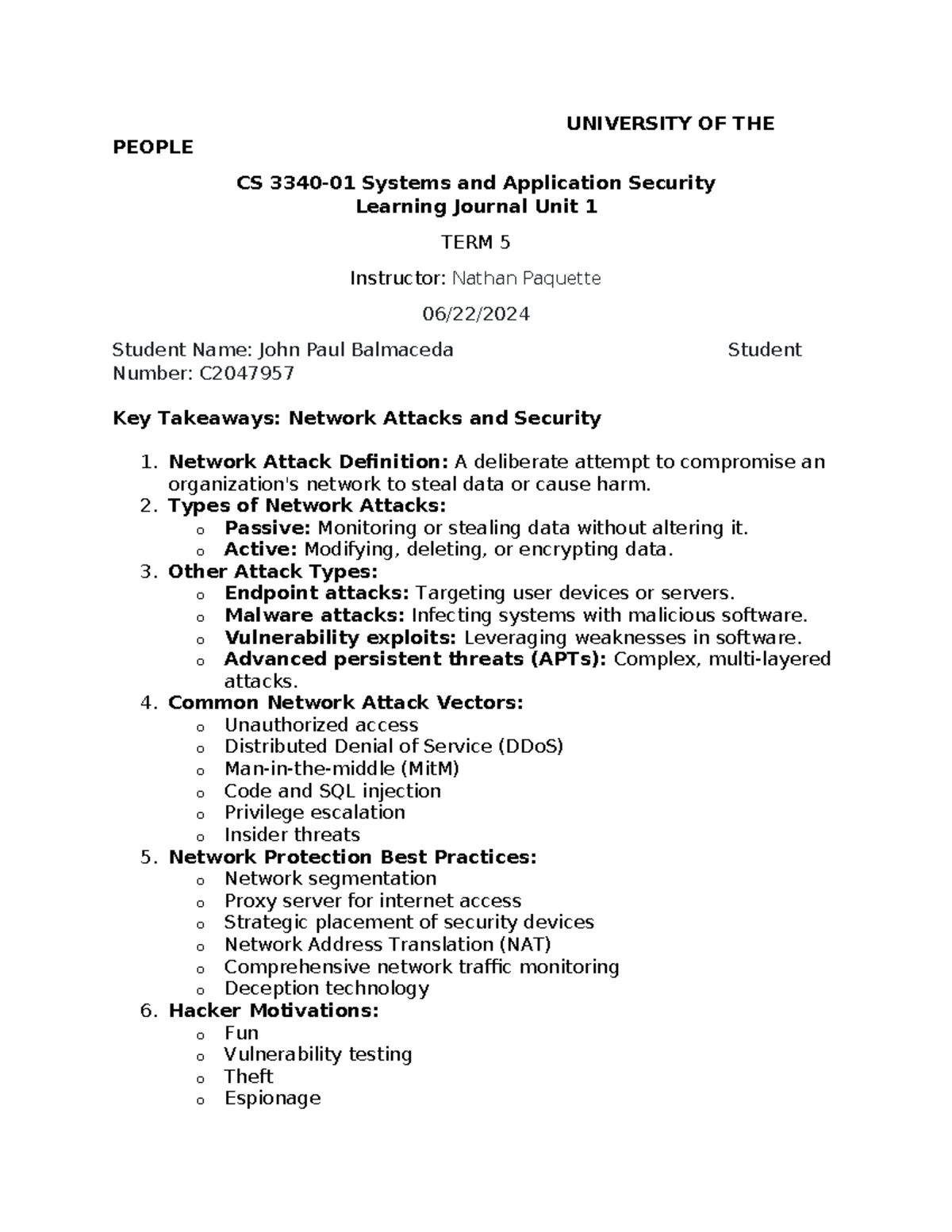 Cs 3340 01 Systems And Application Security Learning Journal Unit 1 Output Balmaceda