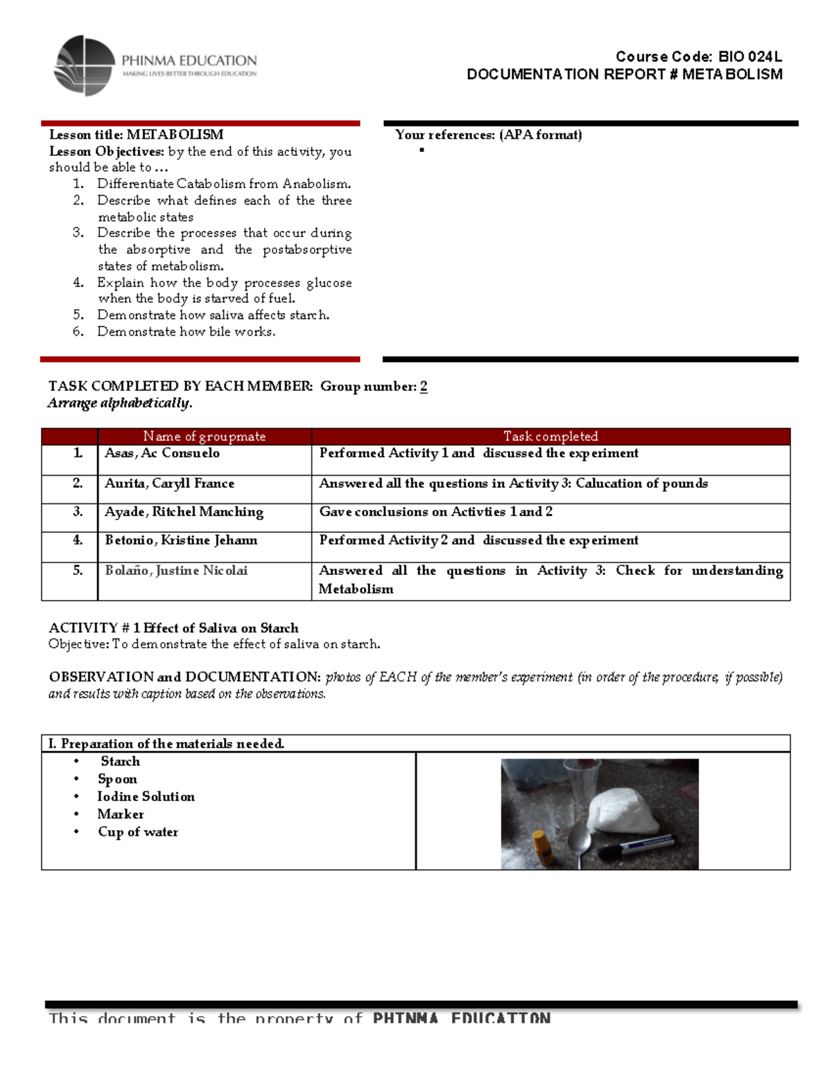 Template-DOCU - Learn - DOCUMENTATION REPORT # METABOLISM Lesson title ...