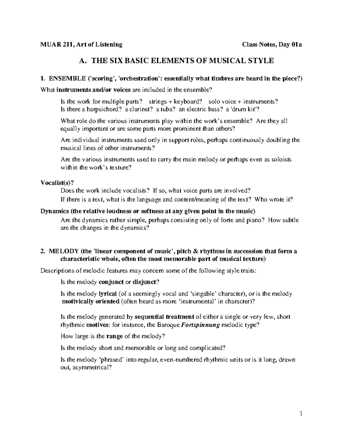 Week 1a - Week 1a summary notes - MUAR 211, Art of Listening Class ...