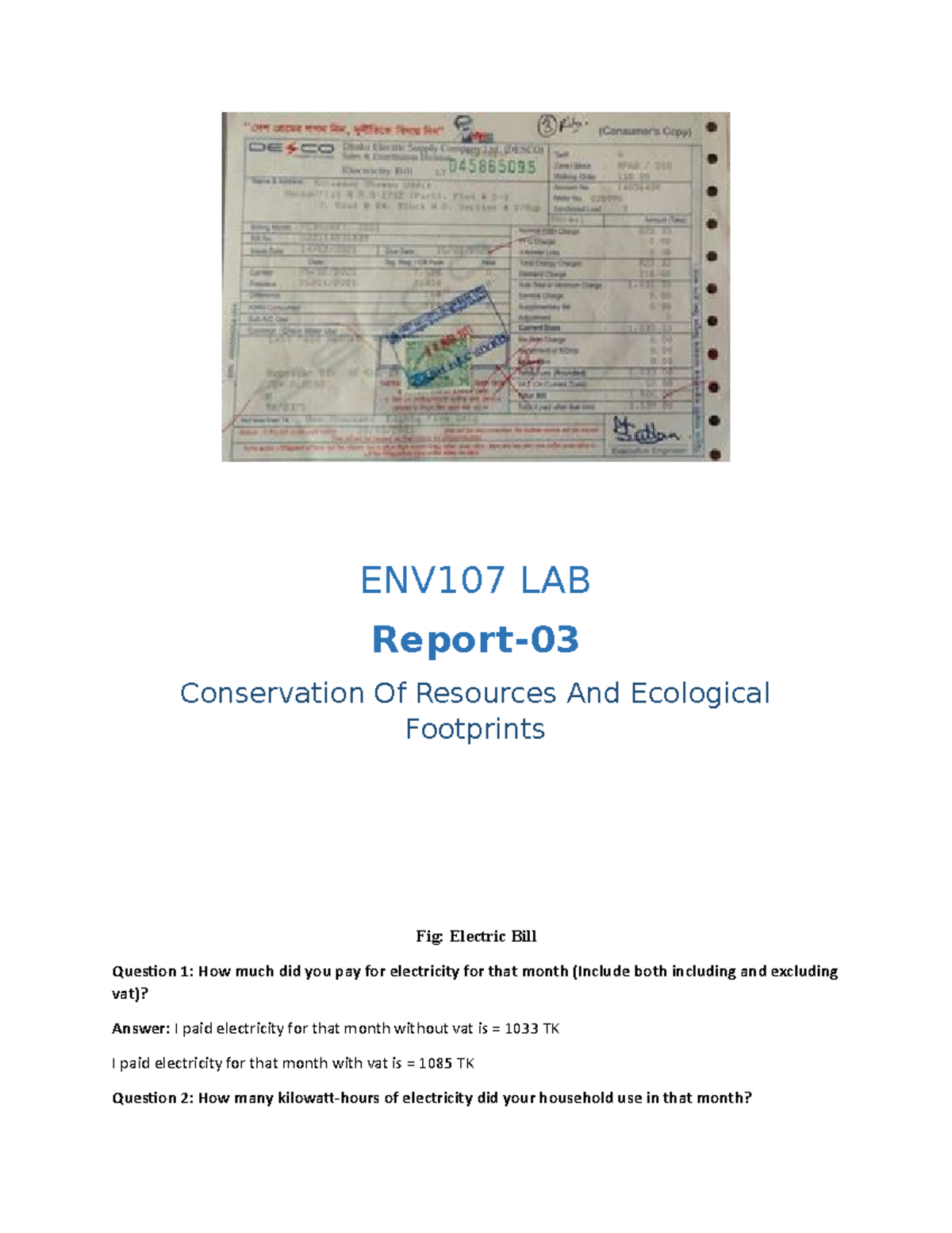 Env L-03 Assignment - It's all about practical stufffs. - ENV107 LAB Report- Conservation Of ...