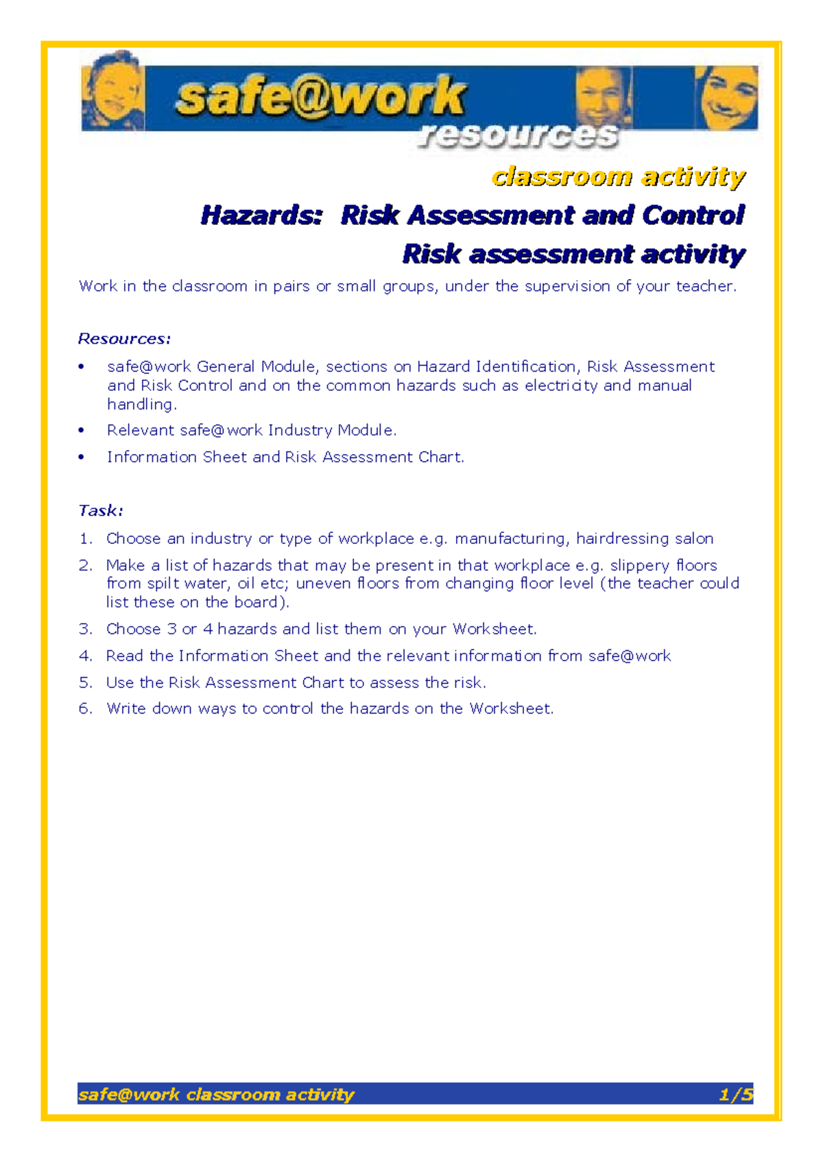 Hracriskassessmentactivity - Hazards:Hazards: Risk Assessment and ...
