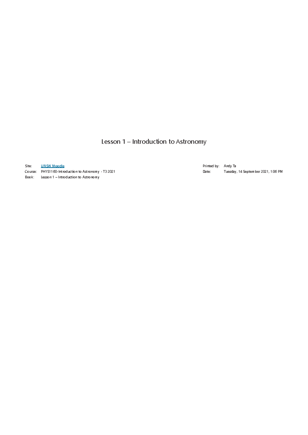 Lesson 1 – Introduction to Astronomy - PHYS1160 - UNSW Sydney - Studocu