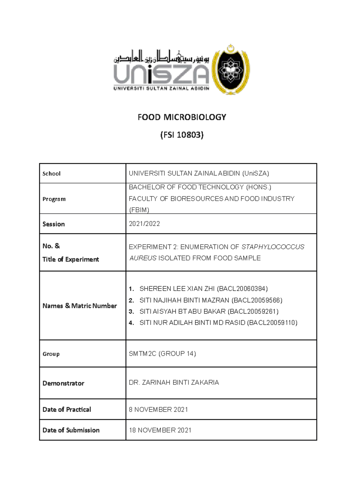 LAB Report EXP 2 FOOD Microbiology GP 14 FOOD MICROBIOLOGY FSI 10803