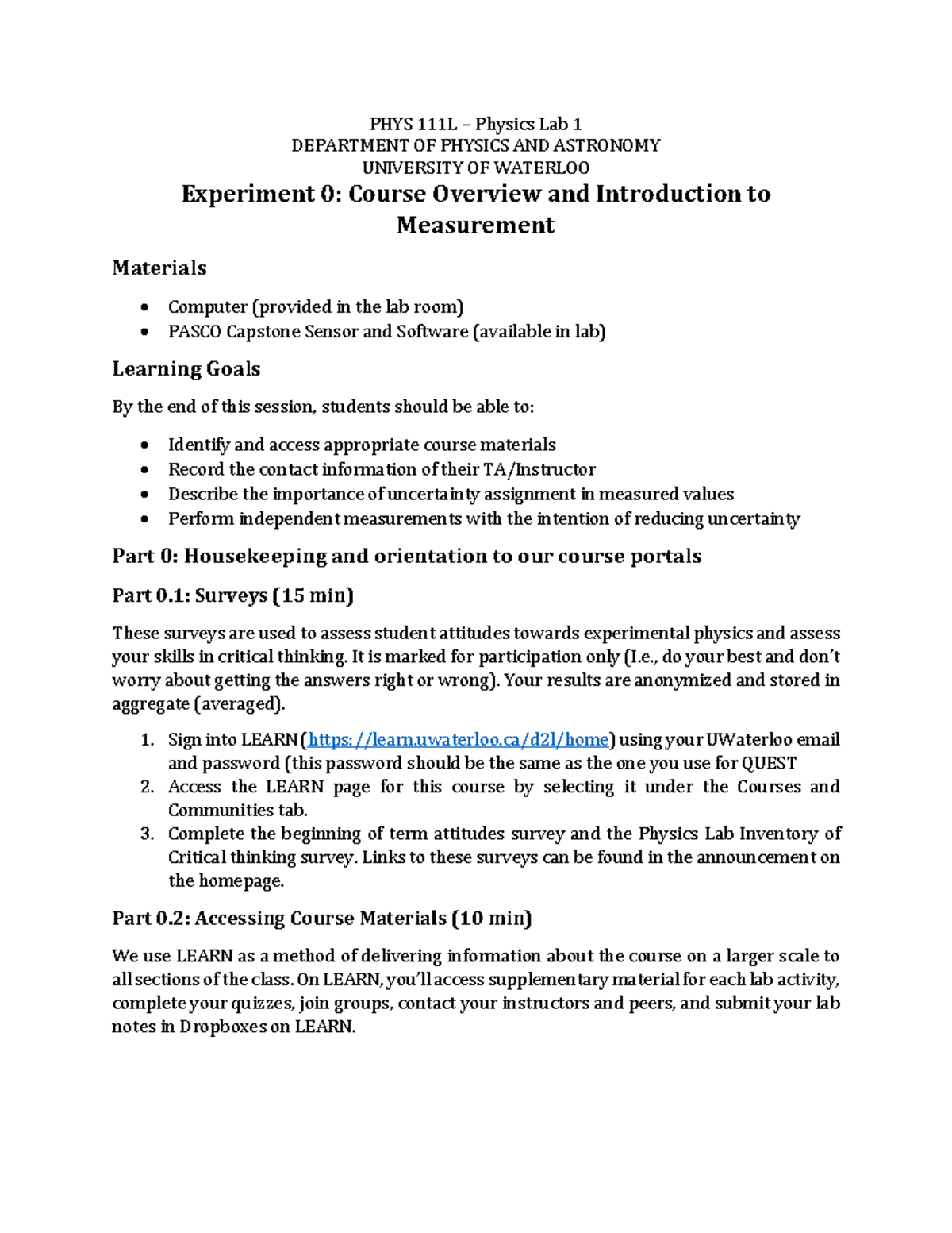 Exp0 Student Instructions 111L - PHYS 111L – Physics Lab 1 DEPARTMENT ...