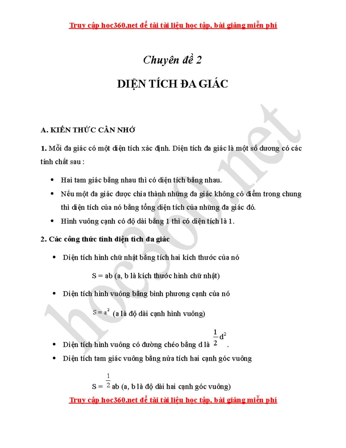 Diện tích đa giác - Chuyên đề 2 DIỆN TÍCH ĐA GIÁC A. KIẾN THỨC CẦN NHỚ ...