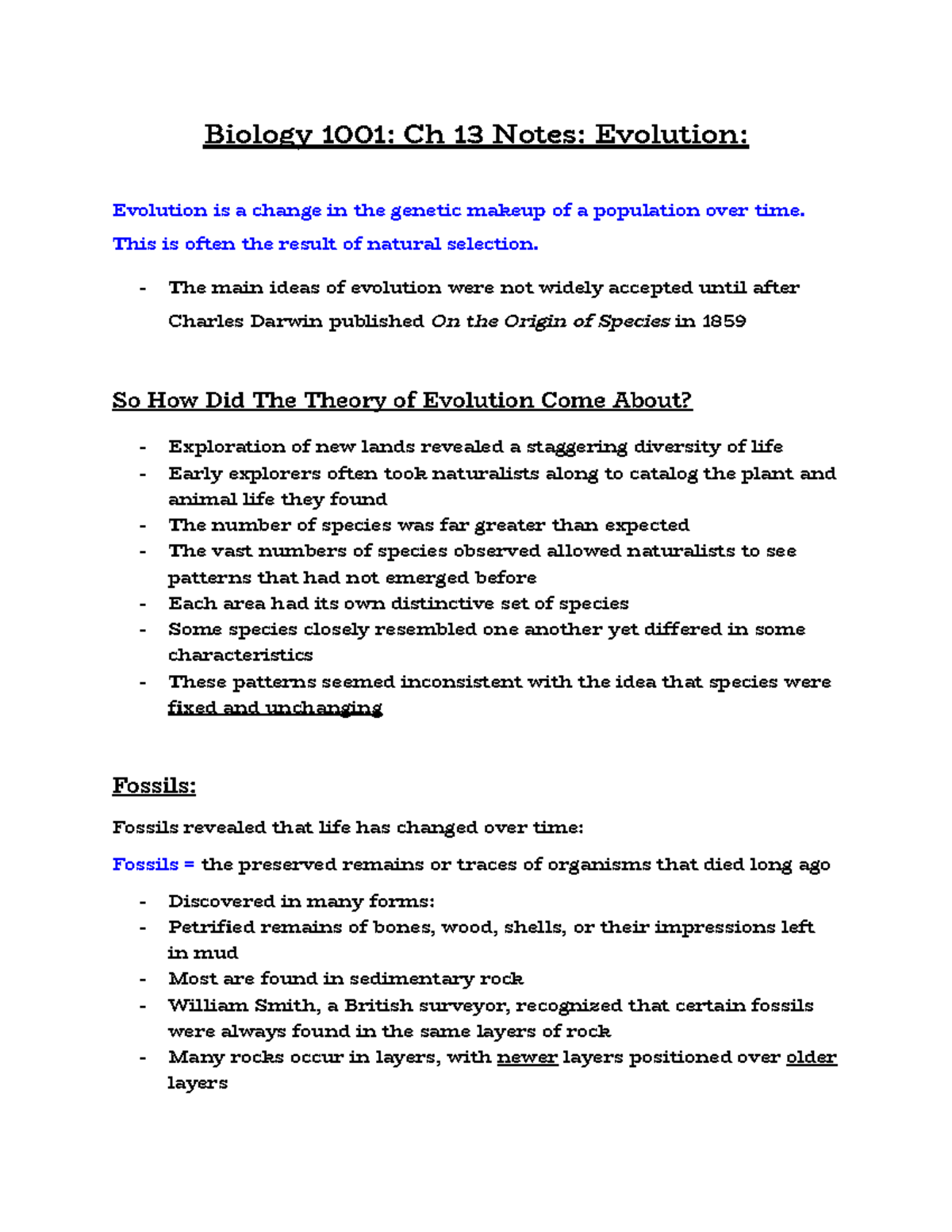 Biology 1002 Ch 13 Notes Evolution - Biology 1001: Ch 13 Notes ...