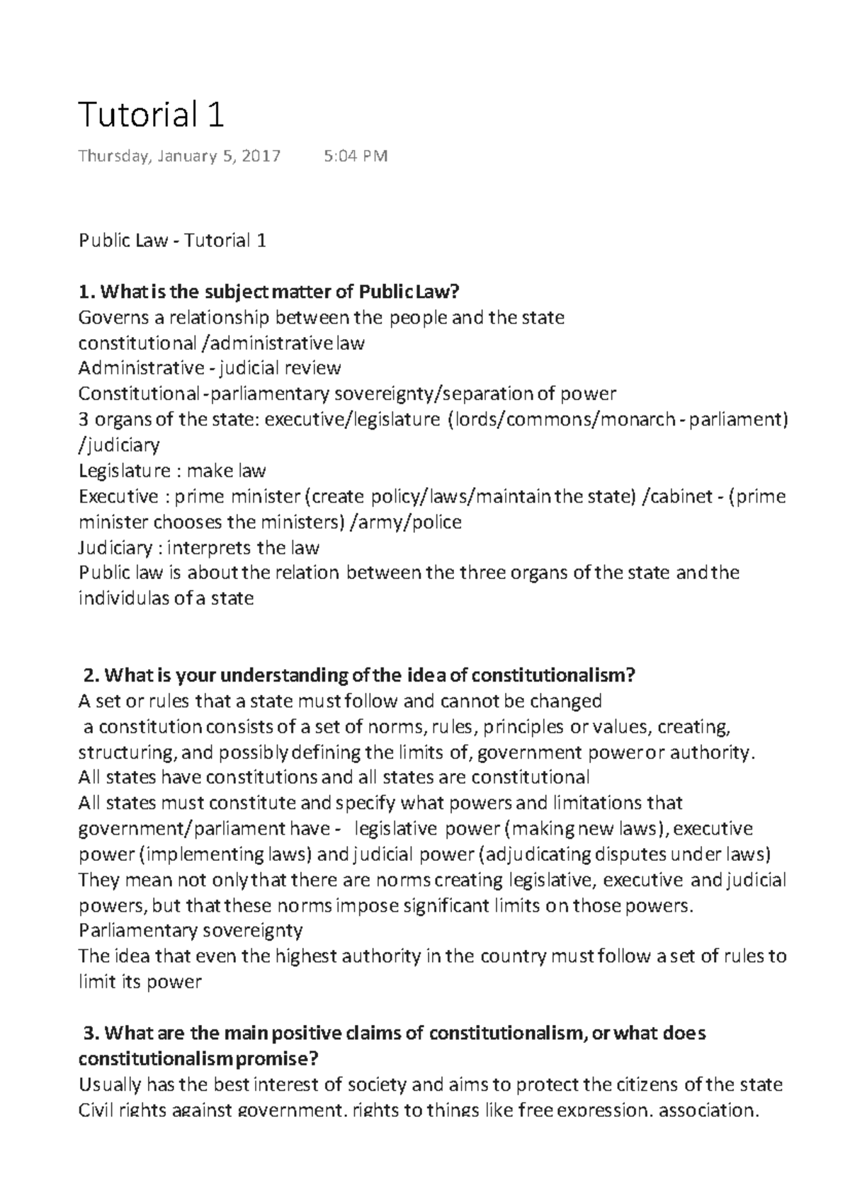 Public Law - Tutorial 1 - Introduction to Constitutionalism and Constitutions in the World Today ...