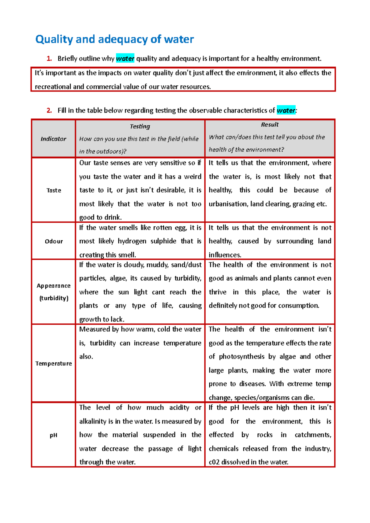 4.1.2- Water and Air Qs - coursework - Quality and adequacy of water ...