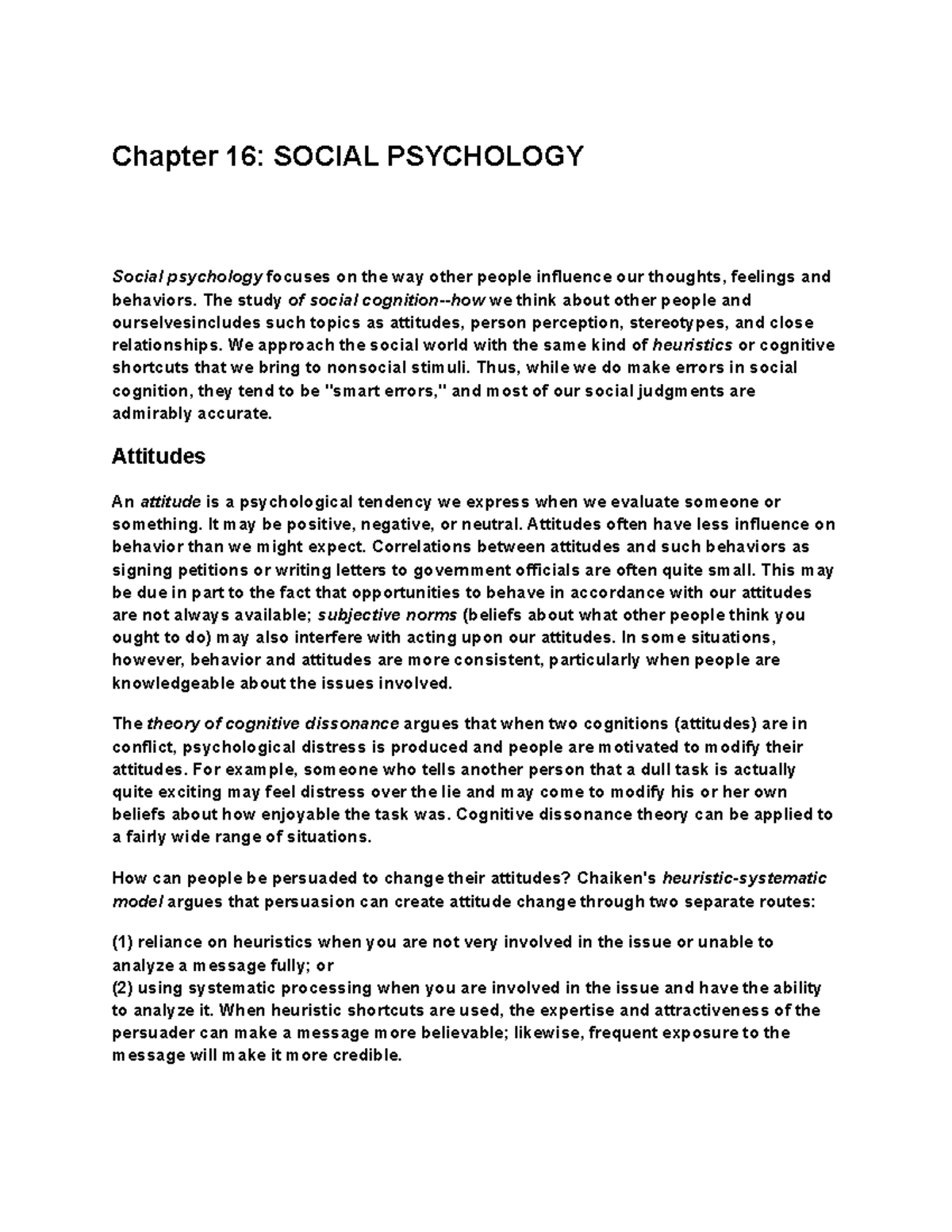 in class lecture notes - Chapter 16: SOCIAL PSYCHOLOGY Social ...