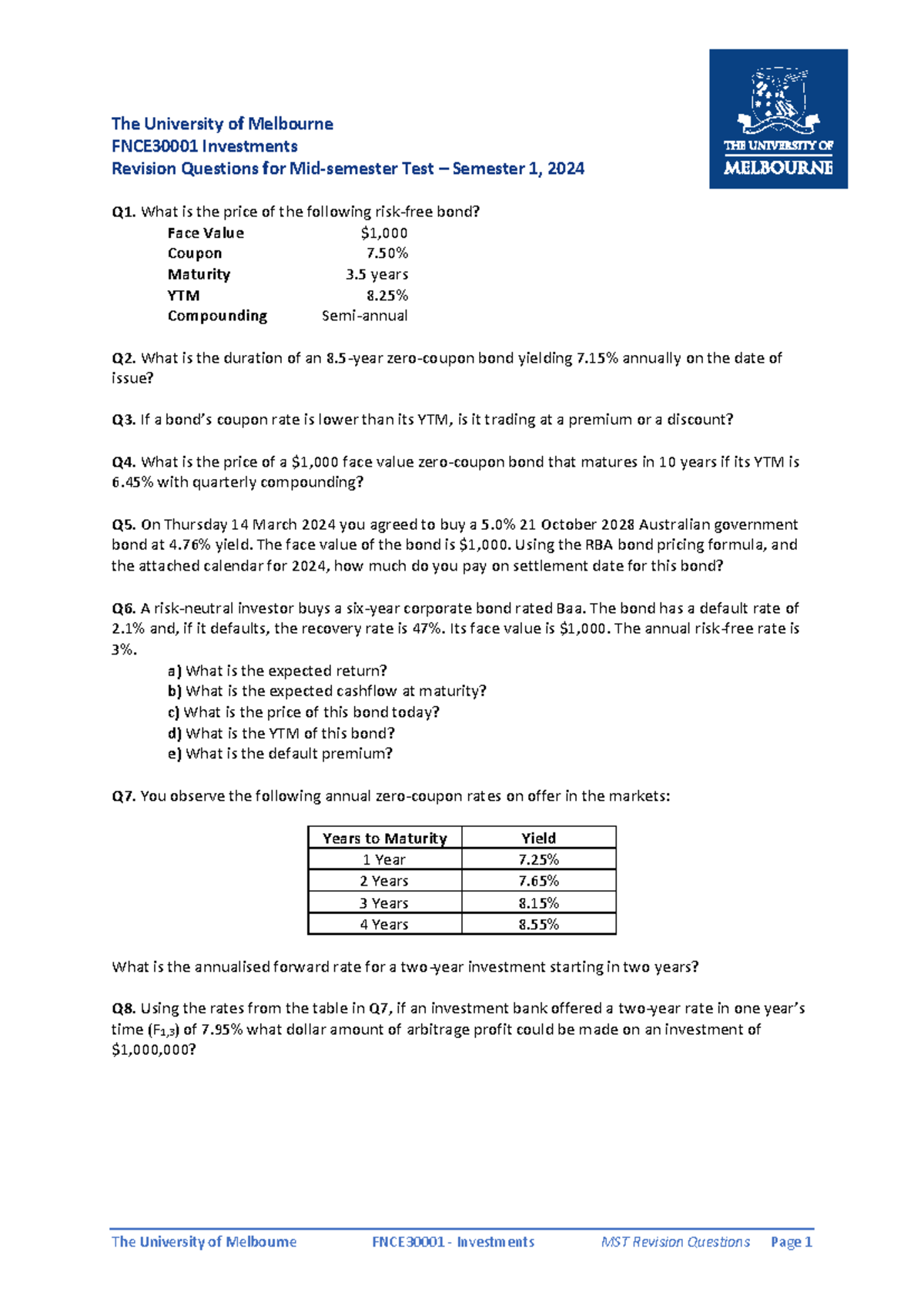 MST Revision Questions - The University of Melbourne FNCE30001 Investments Revision Questions ...