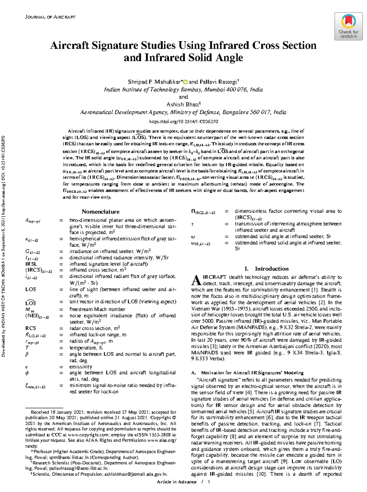 JA22 - Aircraft Plume Infrared Signature in Nonafterburning Mode 2005 ...