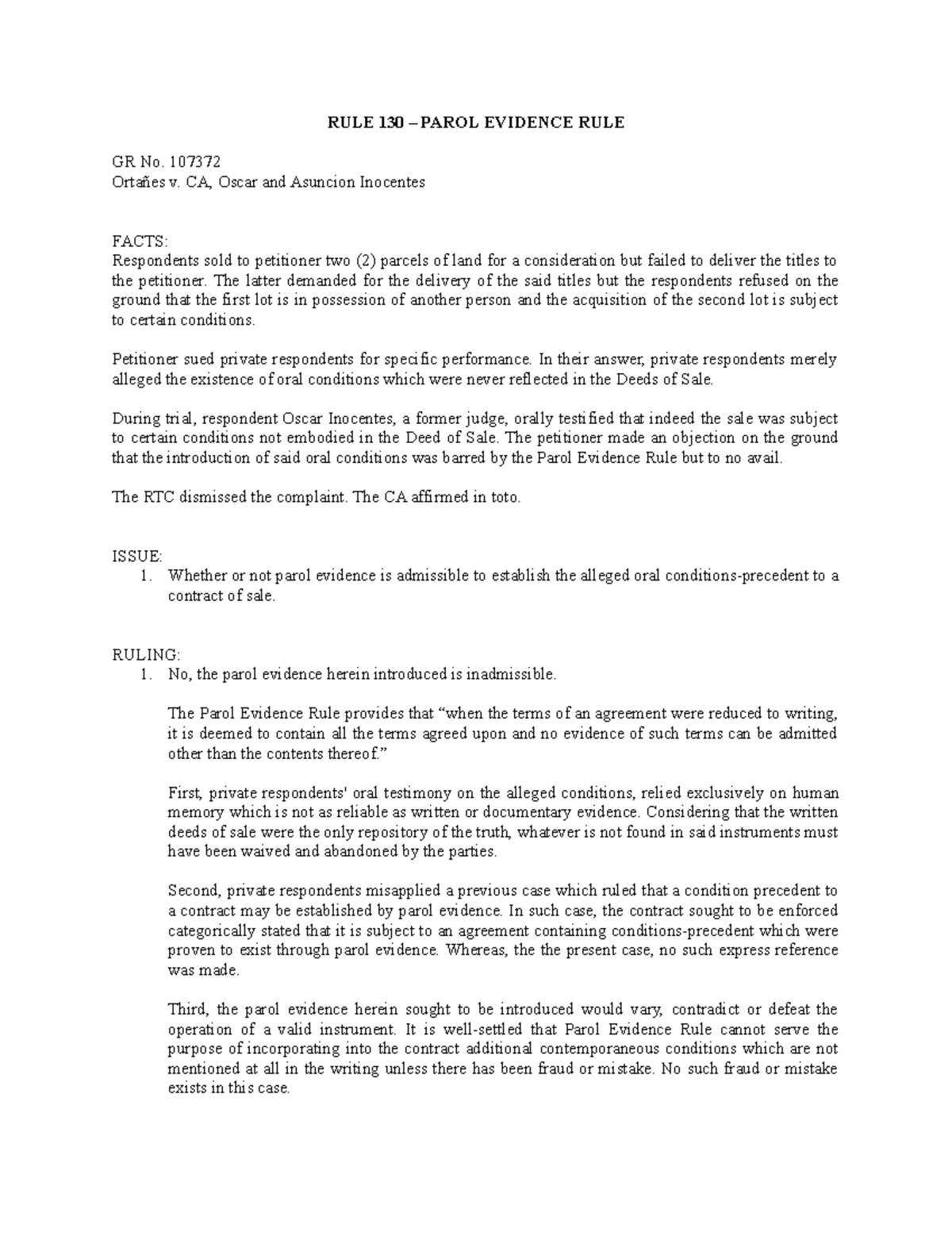 Rule 130 Case Digests On Parol Evidence Rule RULE 130 PAROL