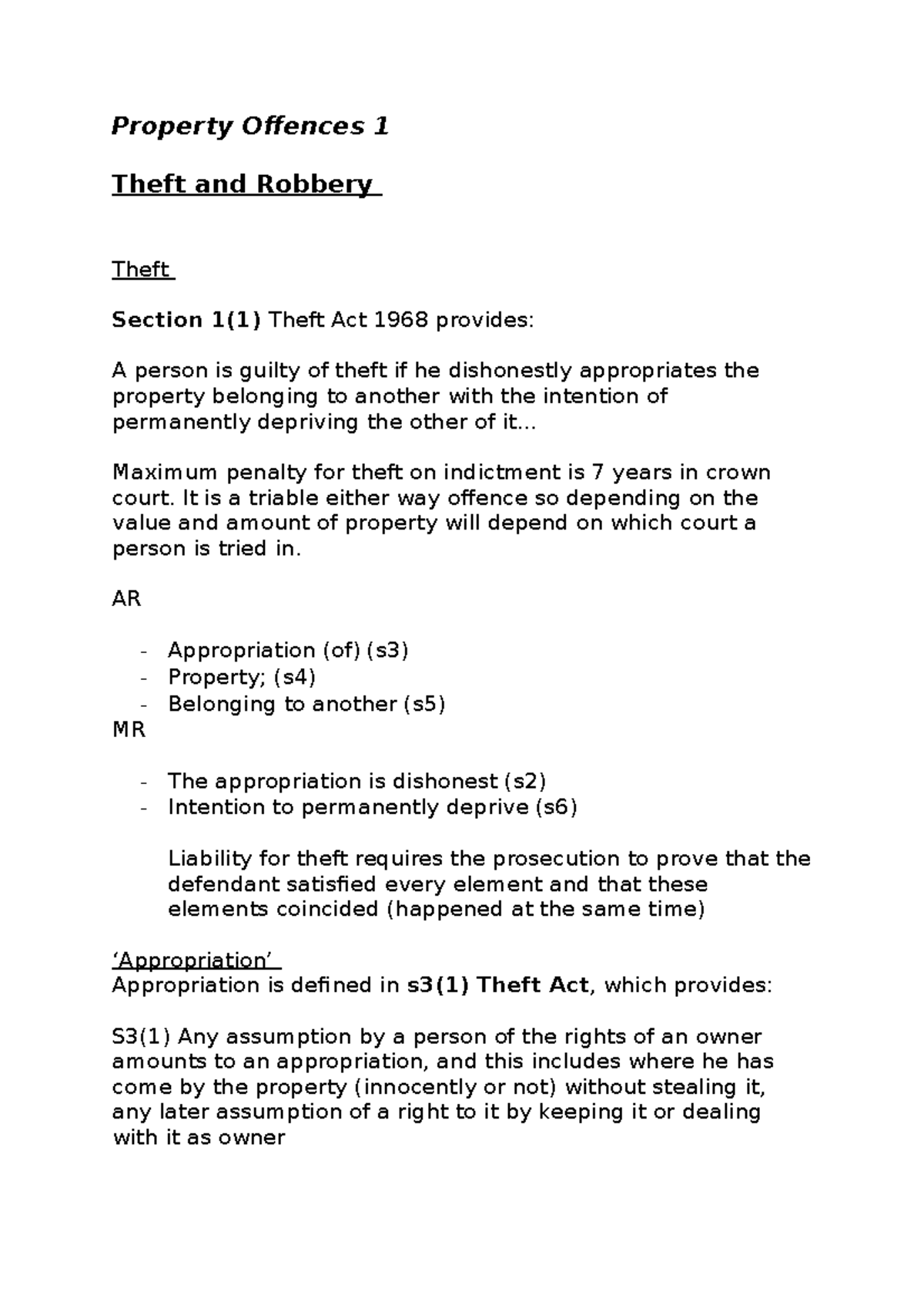 Theft lecture notes esha - Property Offences 1 Theft and Robbery Theft ...