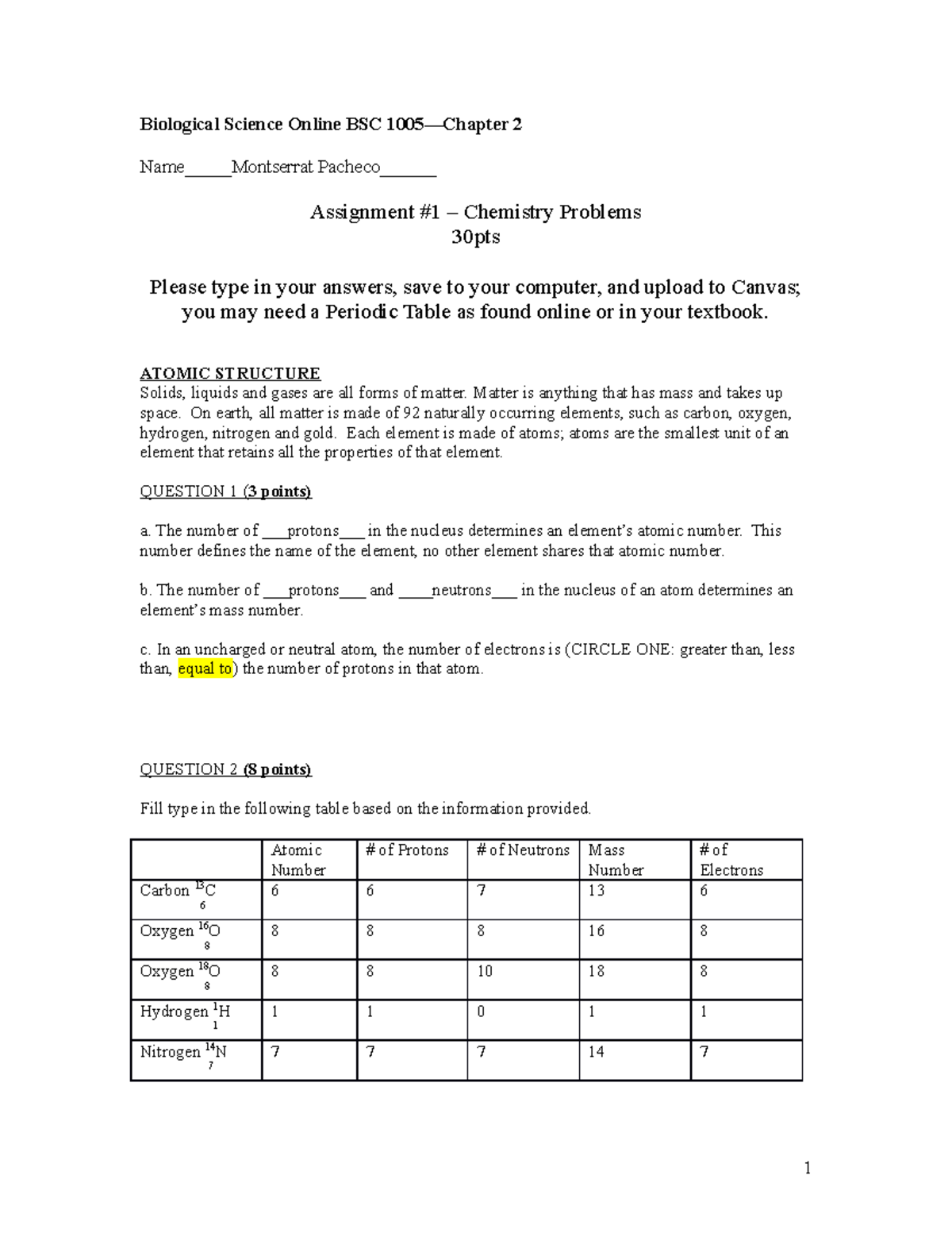Optional chem assignment 1 bioscience - Biological Science Online BSC ...