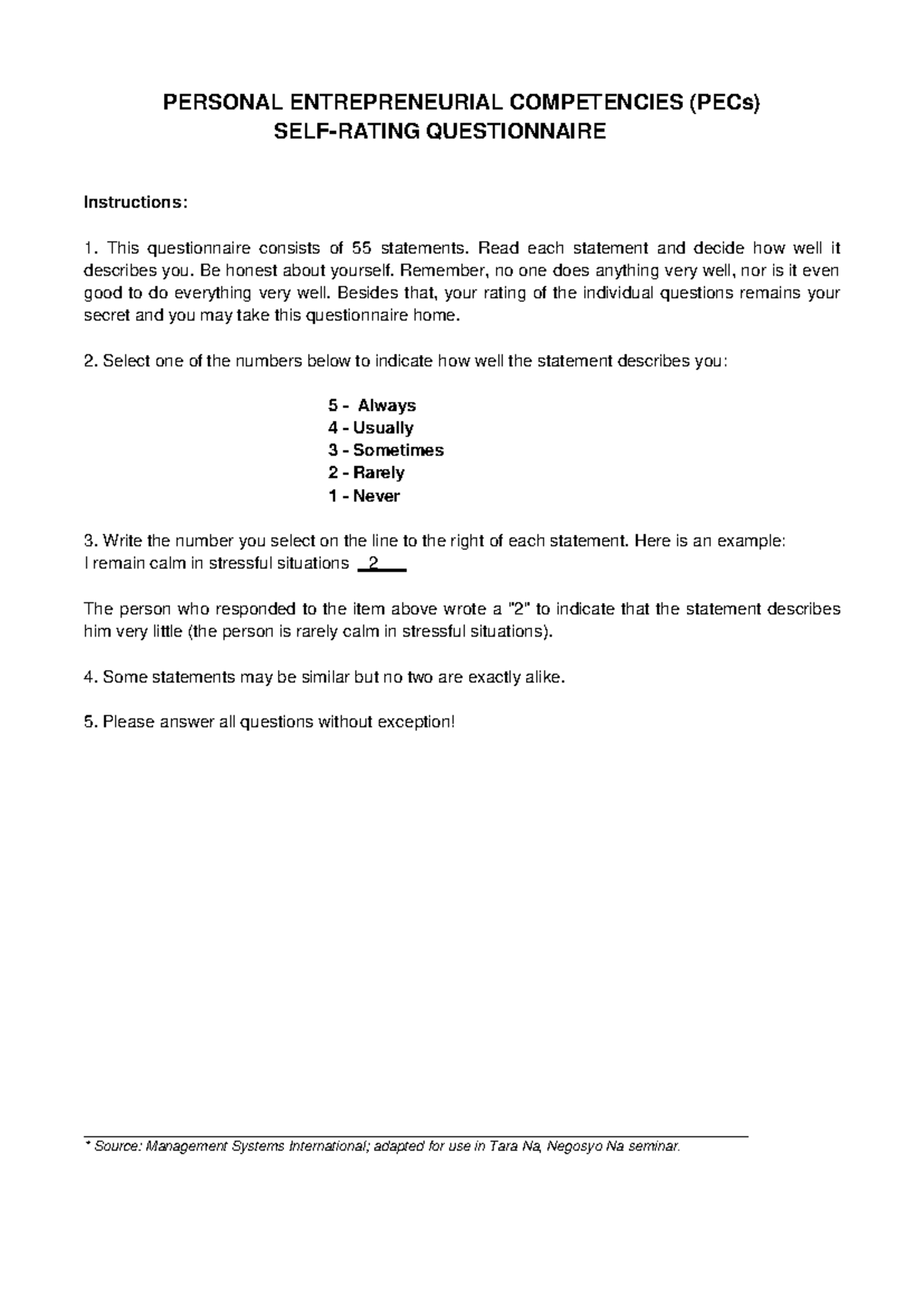 Page 1 of PEC Self Rating Questionnaire - PERSONAL ENTREPRENEURIAL ...