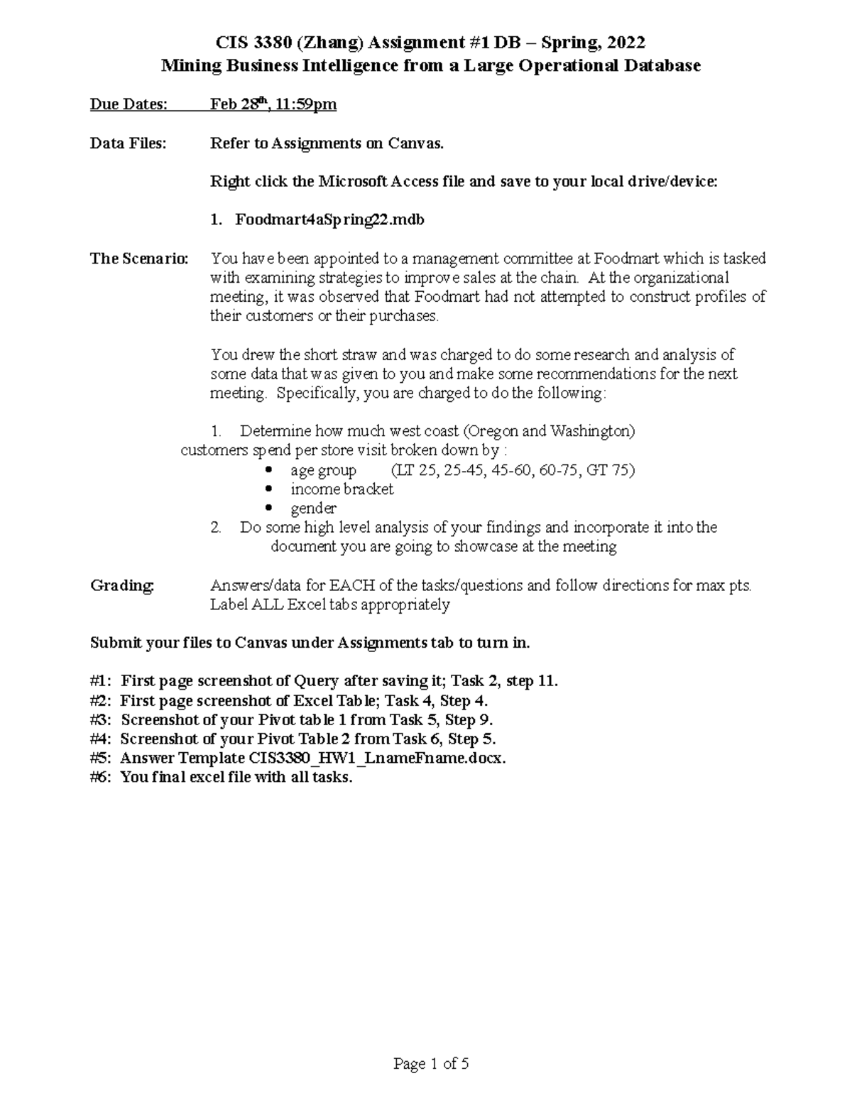 CIS3380 Zhang HW1 Instruction BI From Large DB Spring 22 - Mining Business Intelligence from a ...