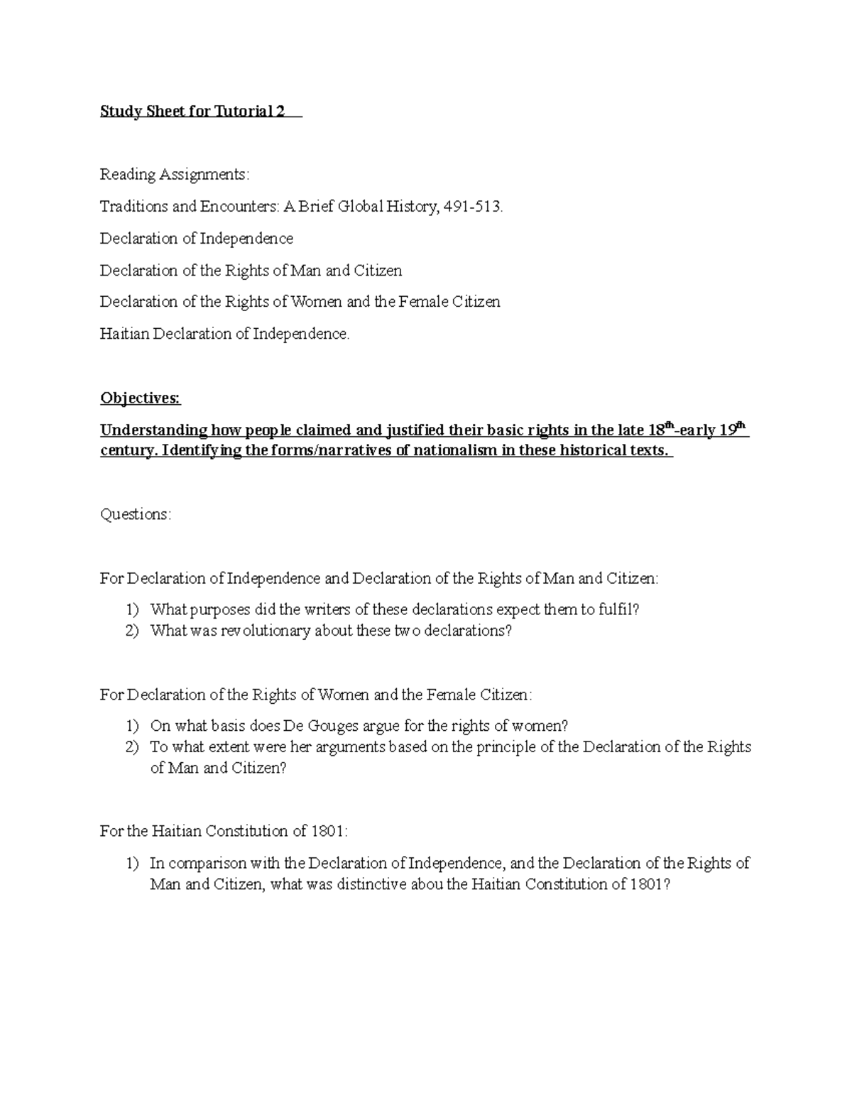 Study Sheet Tutorial 2 - Study Sheet for Tutorial 2 Reading Assignments ...