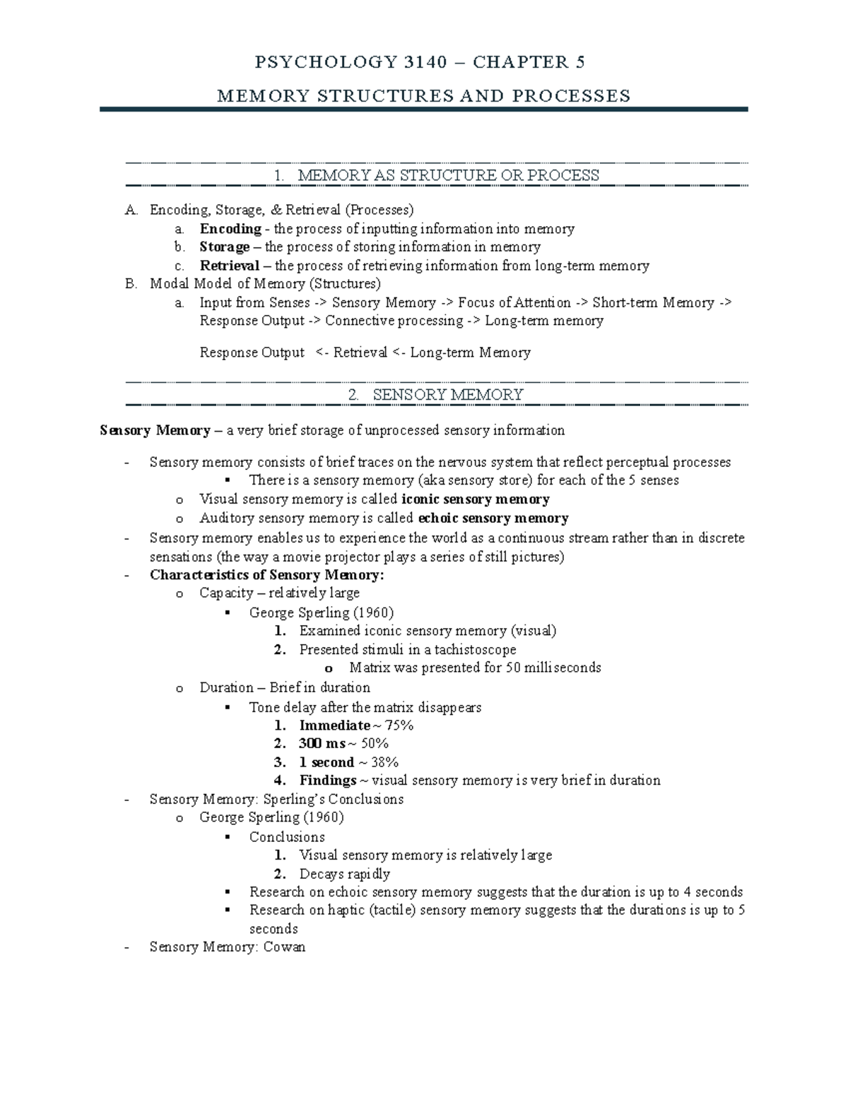 Psychology 3140 - Chapter 5 - PSYCHOLOGY 3140 – CHAPTER 5 MEMORY STRUCTURES AND PROCESSES 1 ...
