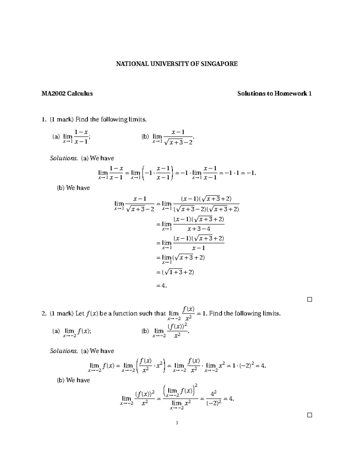 MA2002-Homework 1 - assignment answer for calculus - NATIONAL UNIVERSITY OF SINGAPORE MA2002 ...