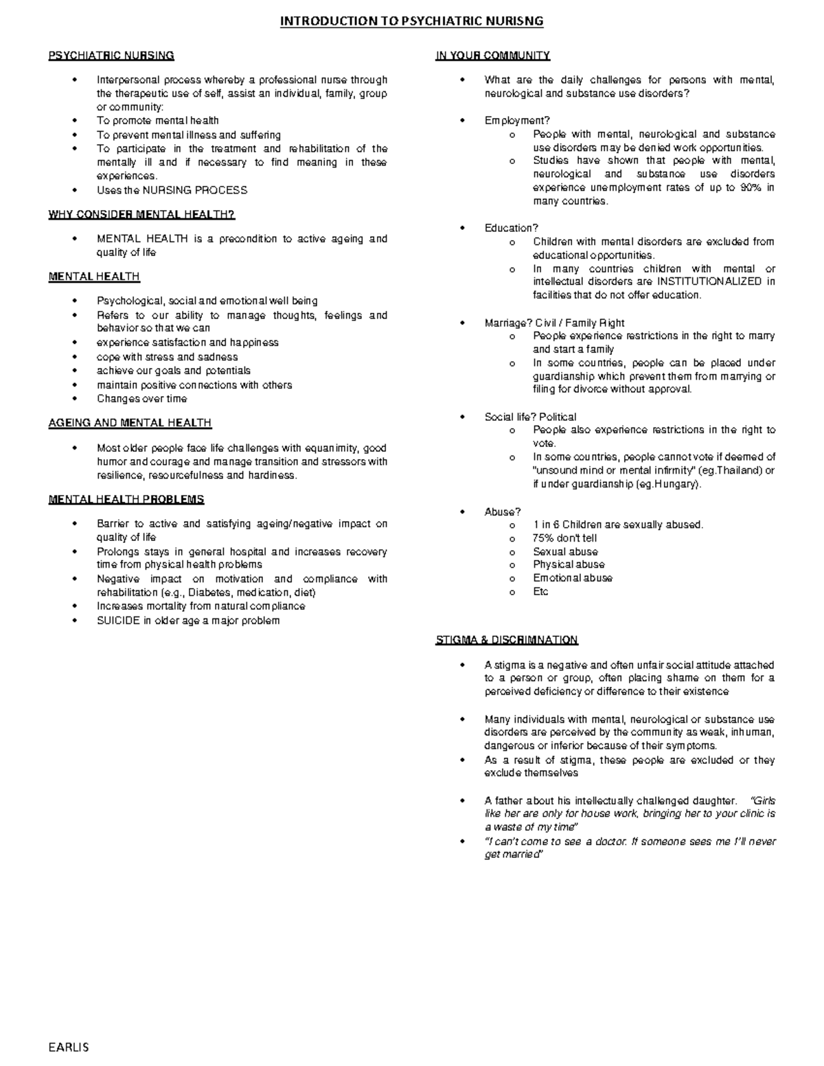 1 - Introduction TO Psychiatric Nursing - PSYCHIATRIC NURSING Interpersonal process whereby a ...