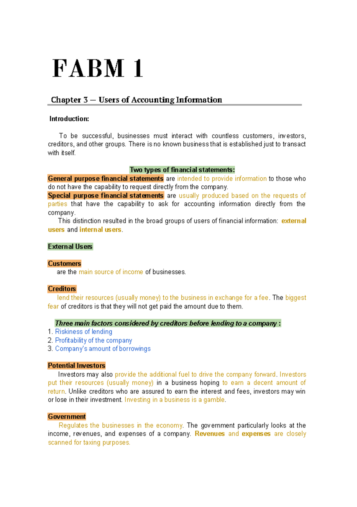 Fundamentals of Accountancy, Business, and Management 2 - Chapter 3 - FABM 1 Chapter 3 — Users ...