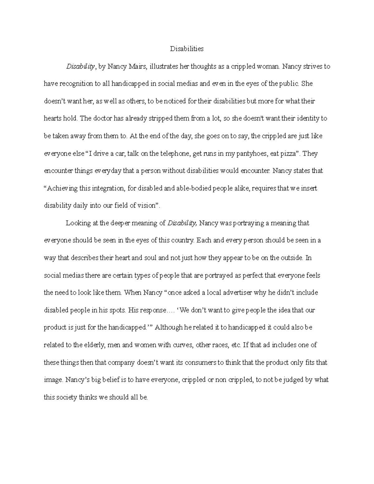 Disabilities - Summary of short story - Disabilities Disability, by ...