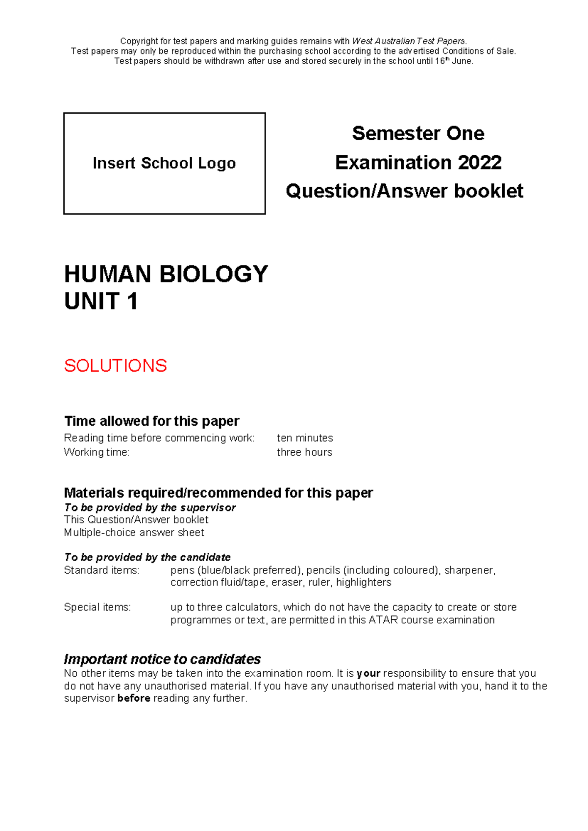 2022 human biology unit 1 exam Marking guide - Copyright for test ...