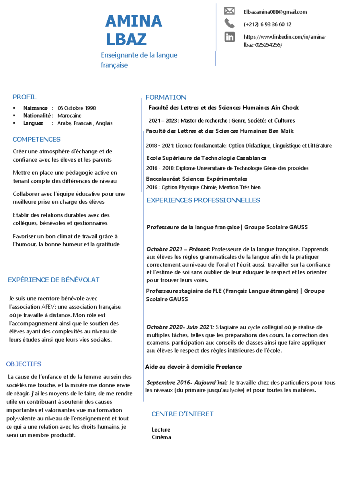 CV lbaz amina - good - Faculté des Lettres et des Sciences Humaines Ain ...
