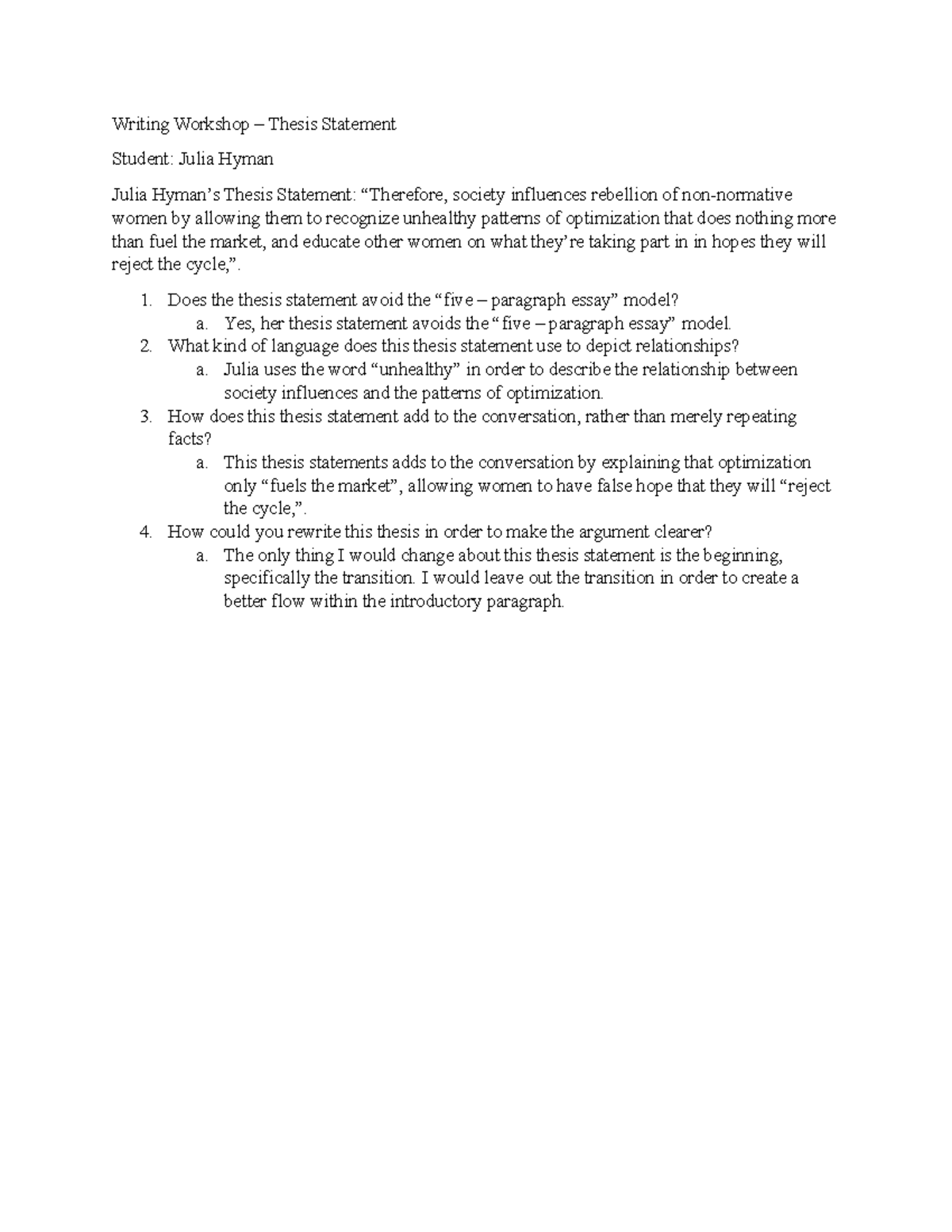 Writing Workshop – Thesis Statement - Writing Workshop – Thesis ...