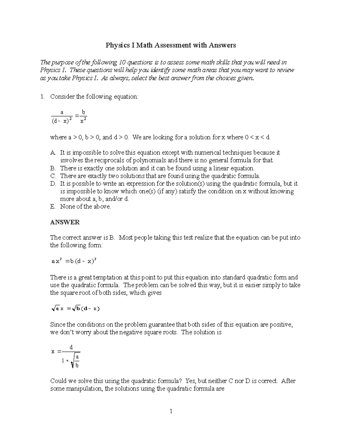 Math Answers key phys 151 - Physics I Math Assessment with Answers The ...