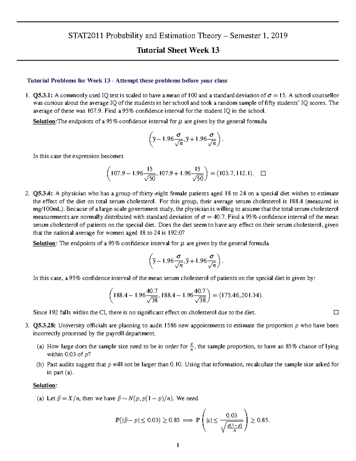 Tut13 solution - tut - STAT2011 Probability and Estimation Theory – Semester 1, 2019 Tutorial ...