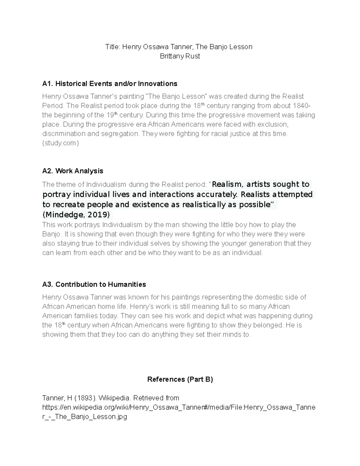 C100 Task - C100 Performance Task - Title: Henry Ossawa Tanner, The ...