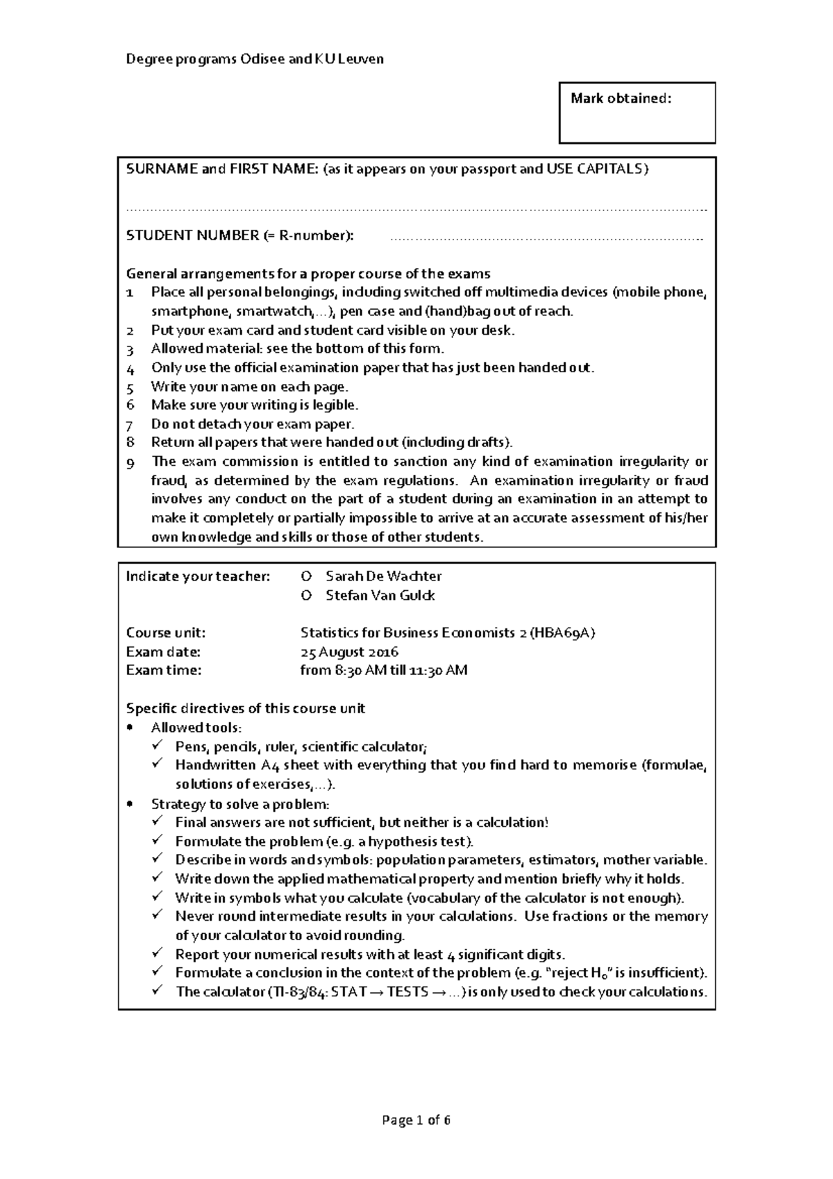 Example exam SB 2 (1617 with solutions) - SURNAME and FIRST NAME: (as ...