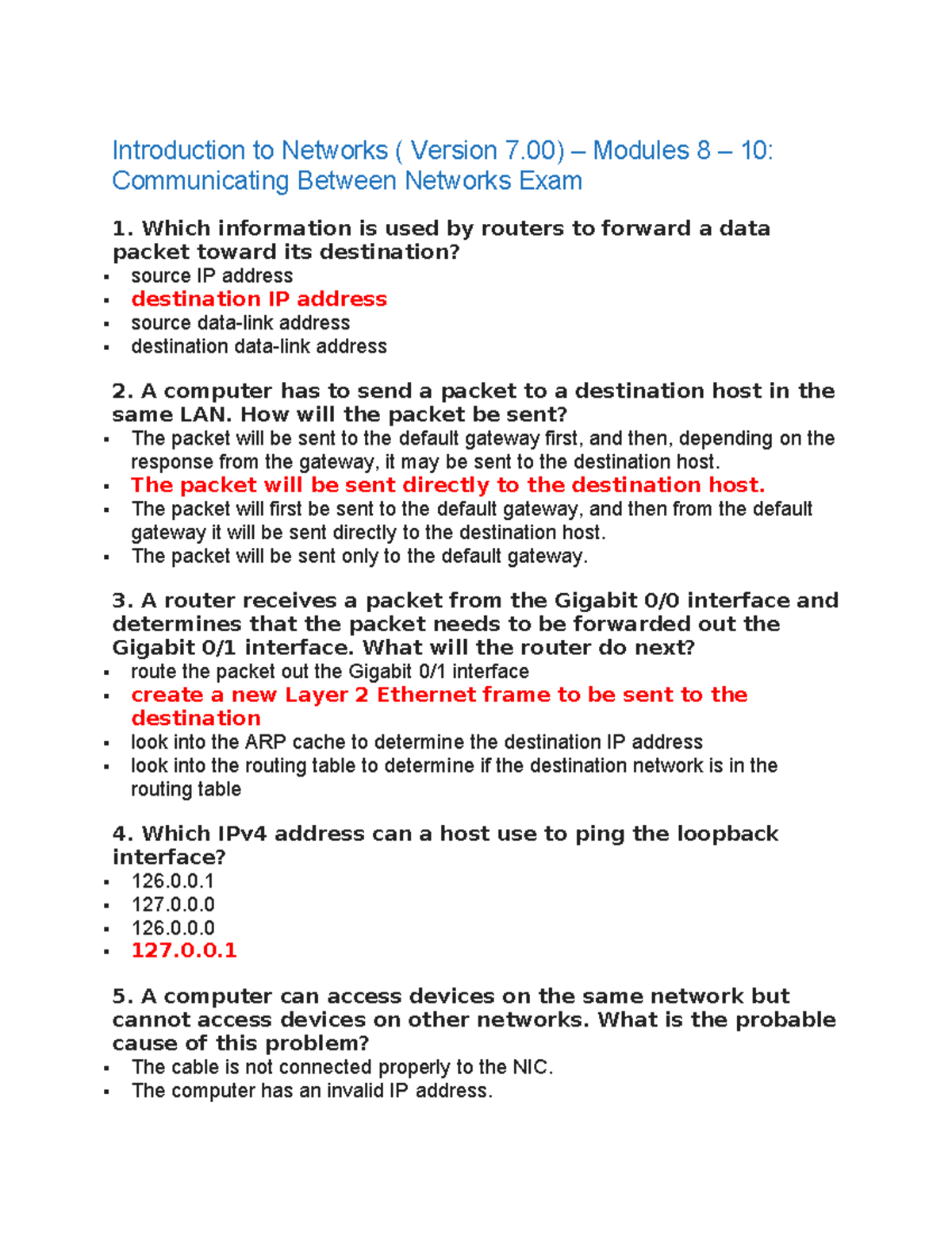 Introduction to Networks Version 700 Modules 8 10 Communicating Between Networks Exam ...