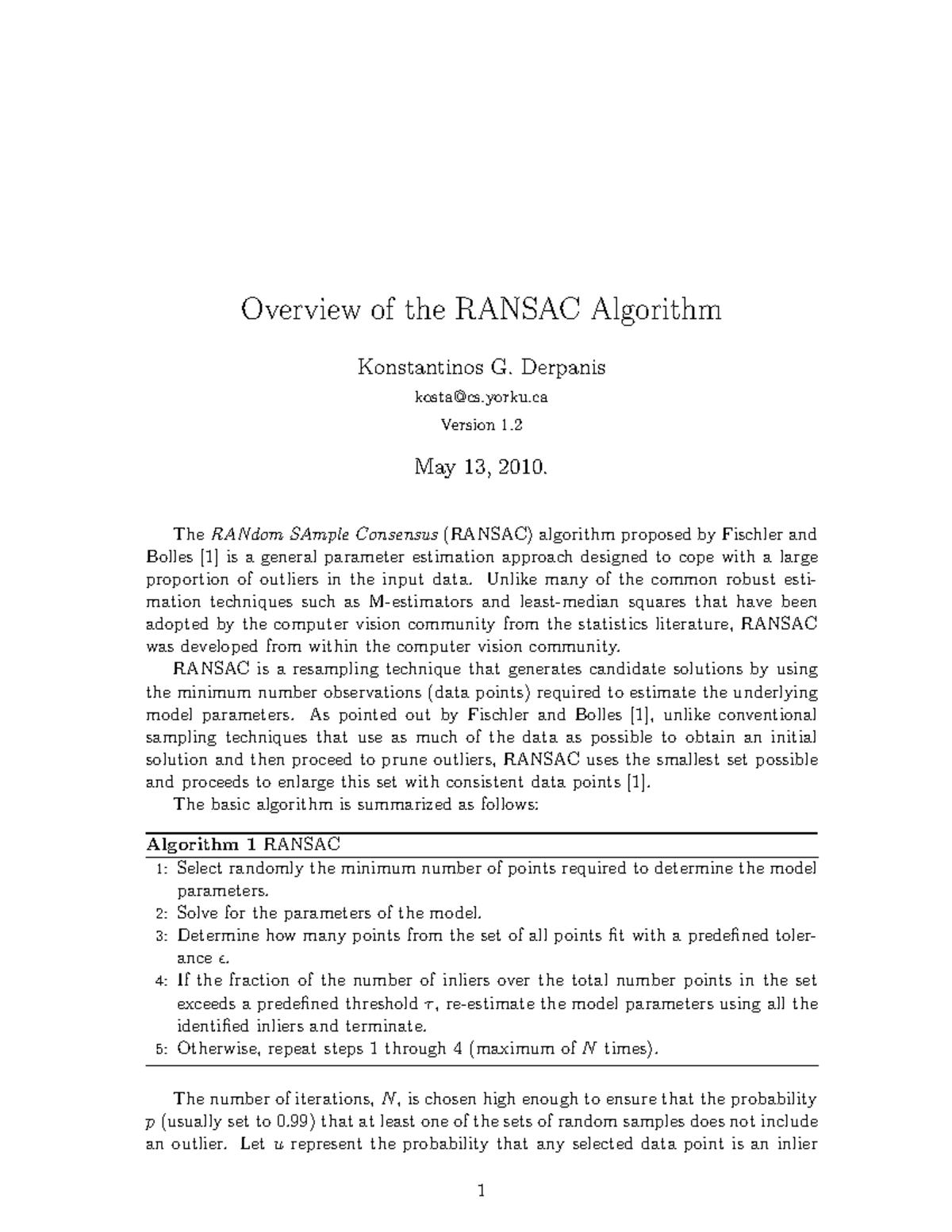 Ransac algo - Overview of the RANSAC Algorithm Konstantinos G. Derpanis ...