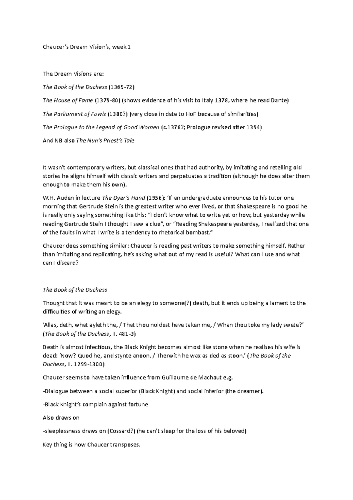 Lecture notes, Chaucer's Dream Visions - Chaucer’s Dream Vision’s, week ...