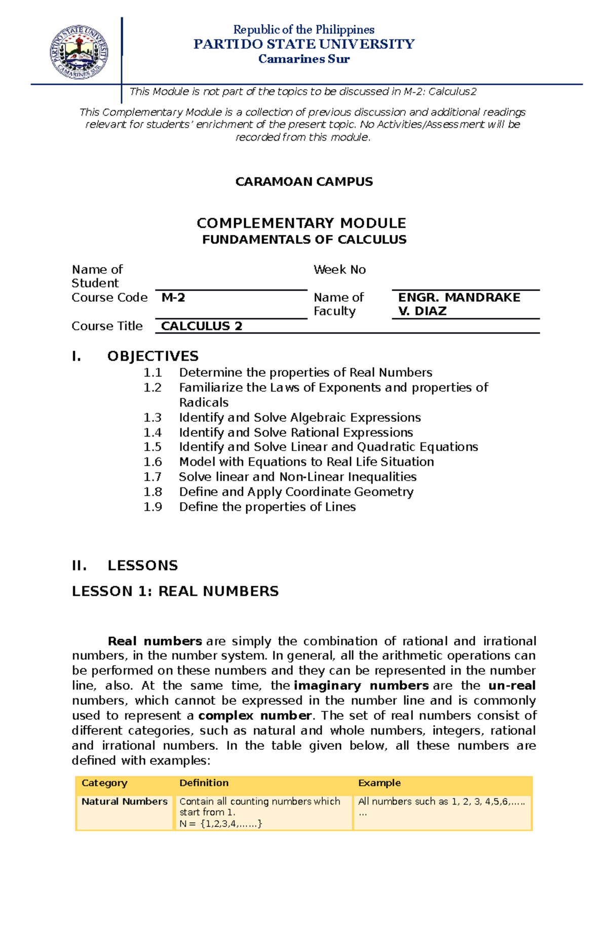 M-2 Complementary Module A - Fundamentals OF Calculus - This Module is ...