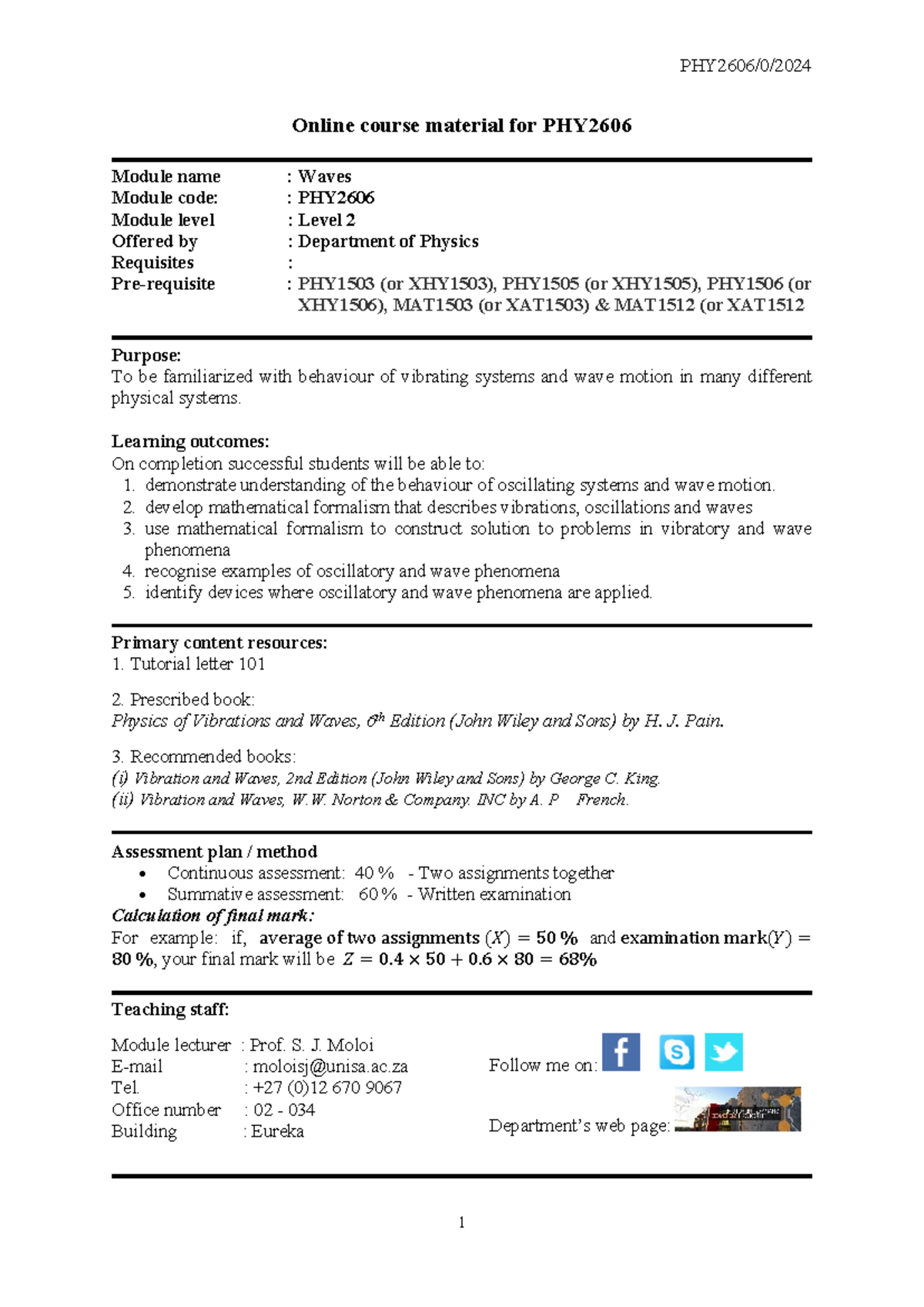 Online course material for PHY26061 - Online course material for PHY Module name : Waves Module ...