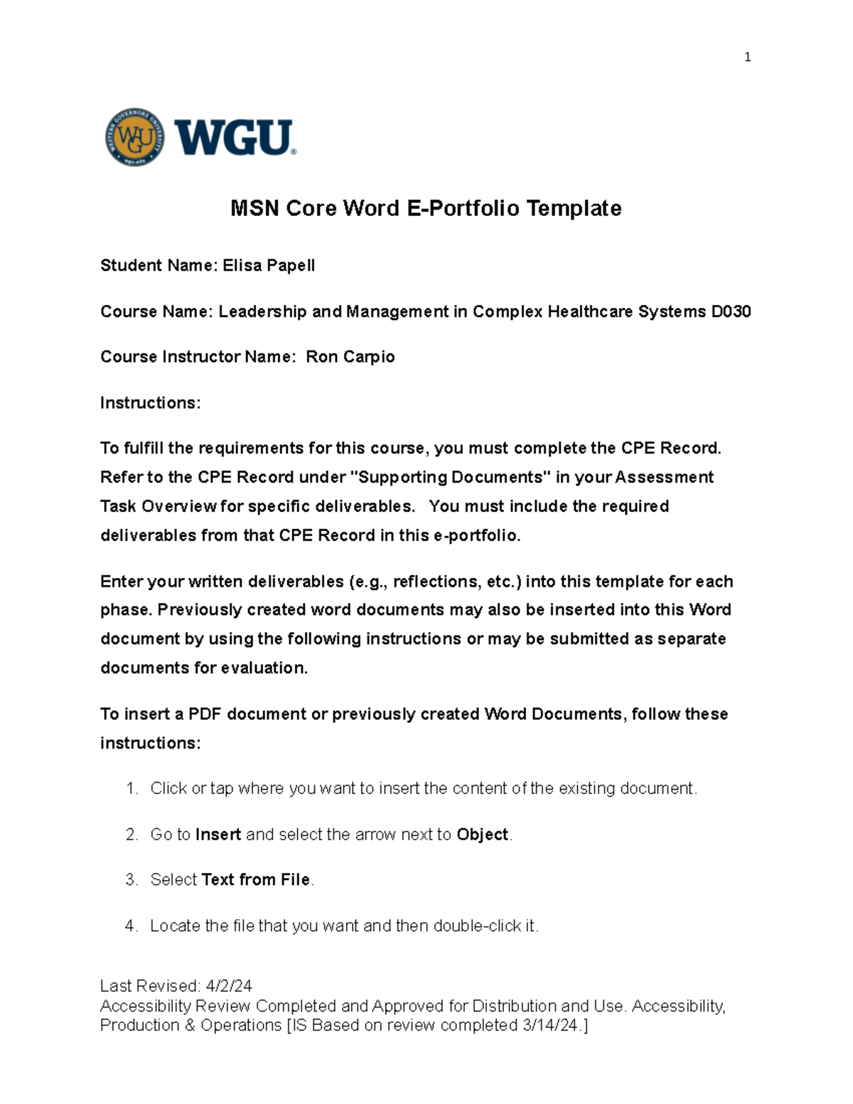 D030 WGU MSN final 2 - course work - MSN Core Word E-Portfolio Template ...