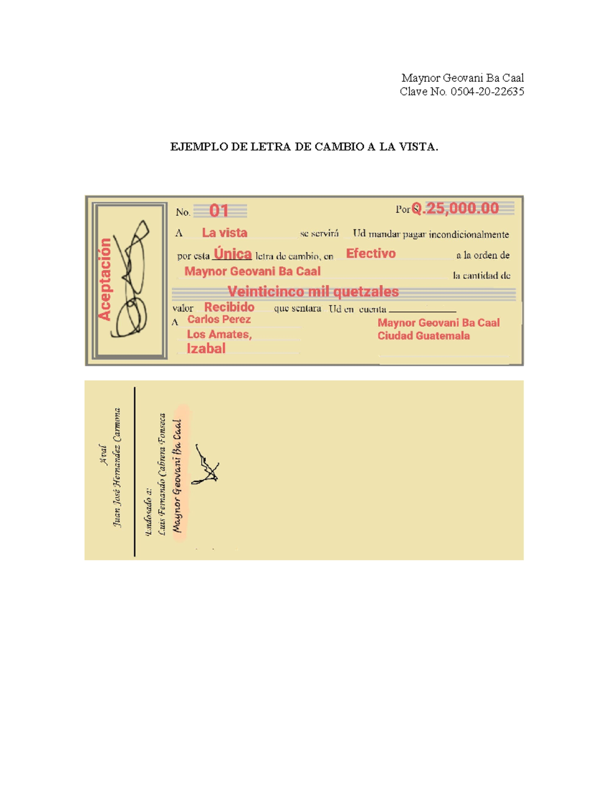 Letra DE Cambio A LA Vista - Derecho Mercantil - Maynor Geovani Ba Caal ...