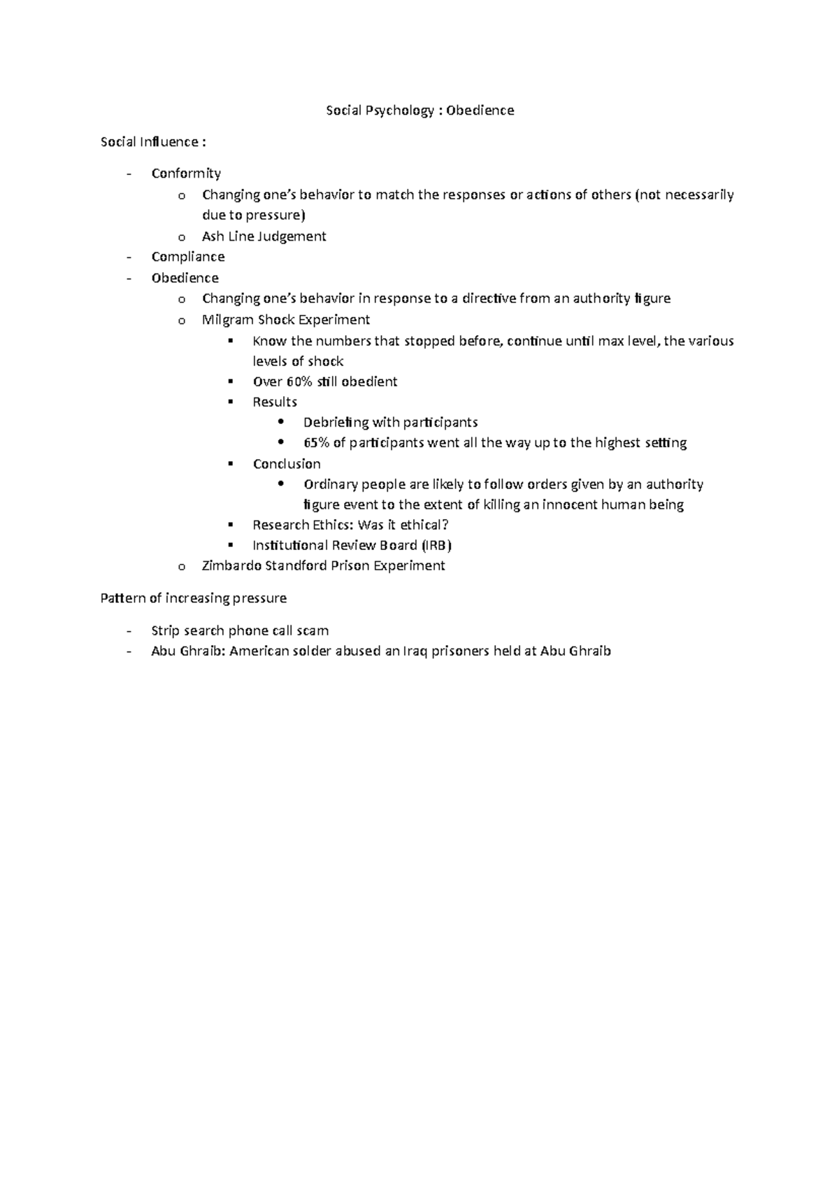 Notes 9 - Obedience - Social Psychology : Obedience Social Influence ...