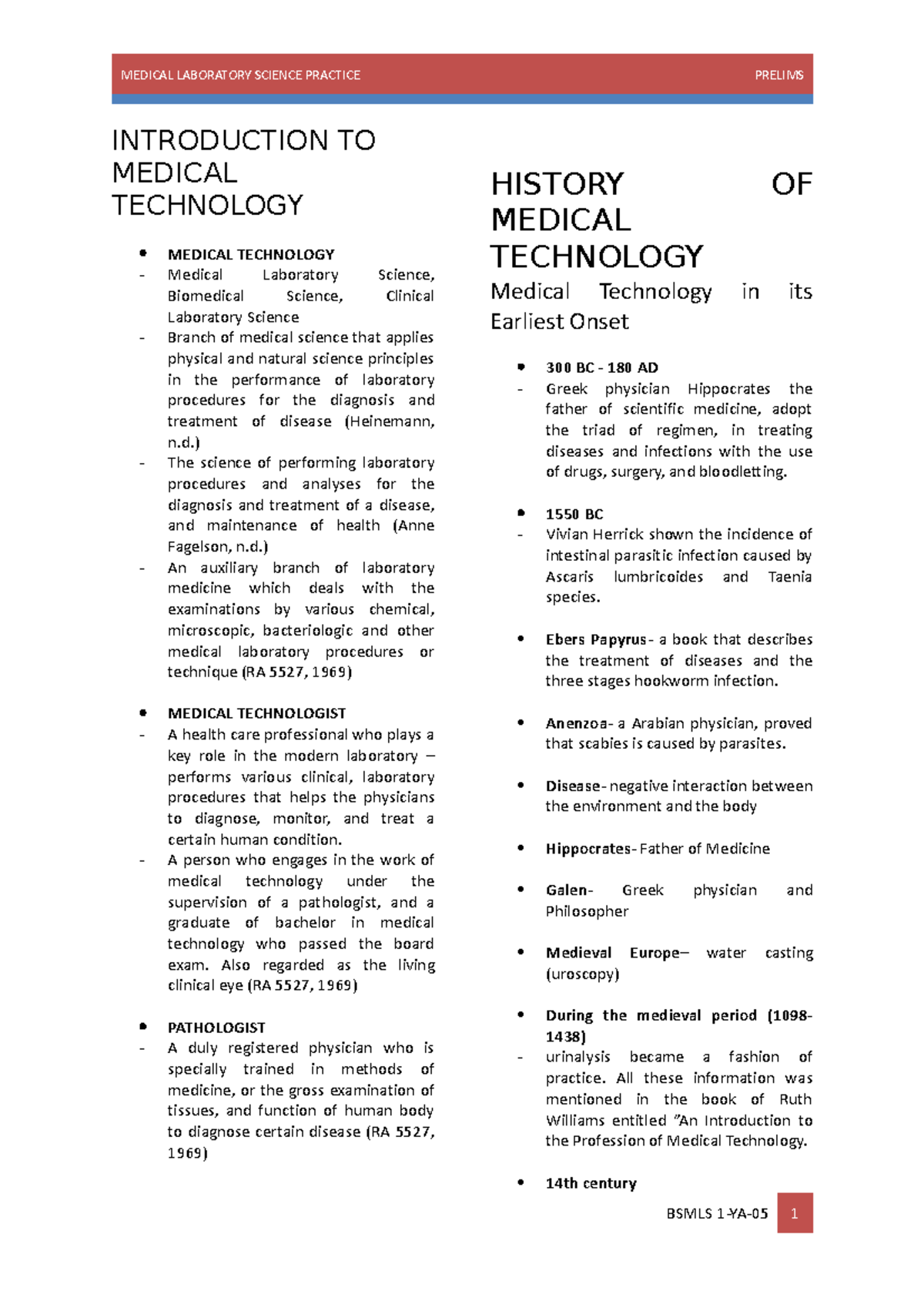 Prelims MLSP - INTRODUCTION TO MEDICAL TECHNOLOGY MEDICAL TECHNOLOGY ...