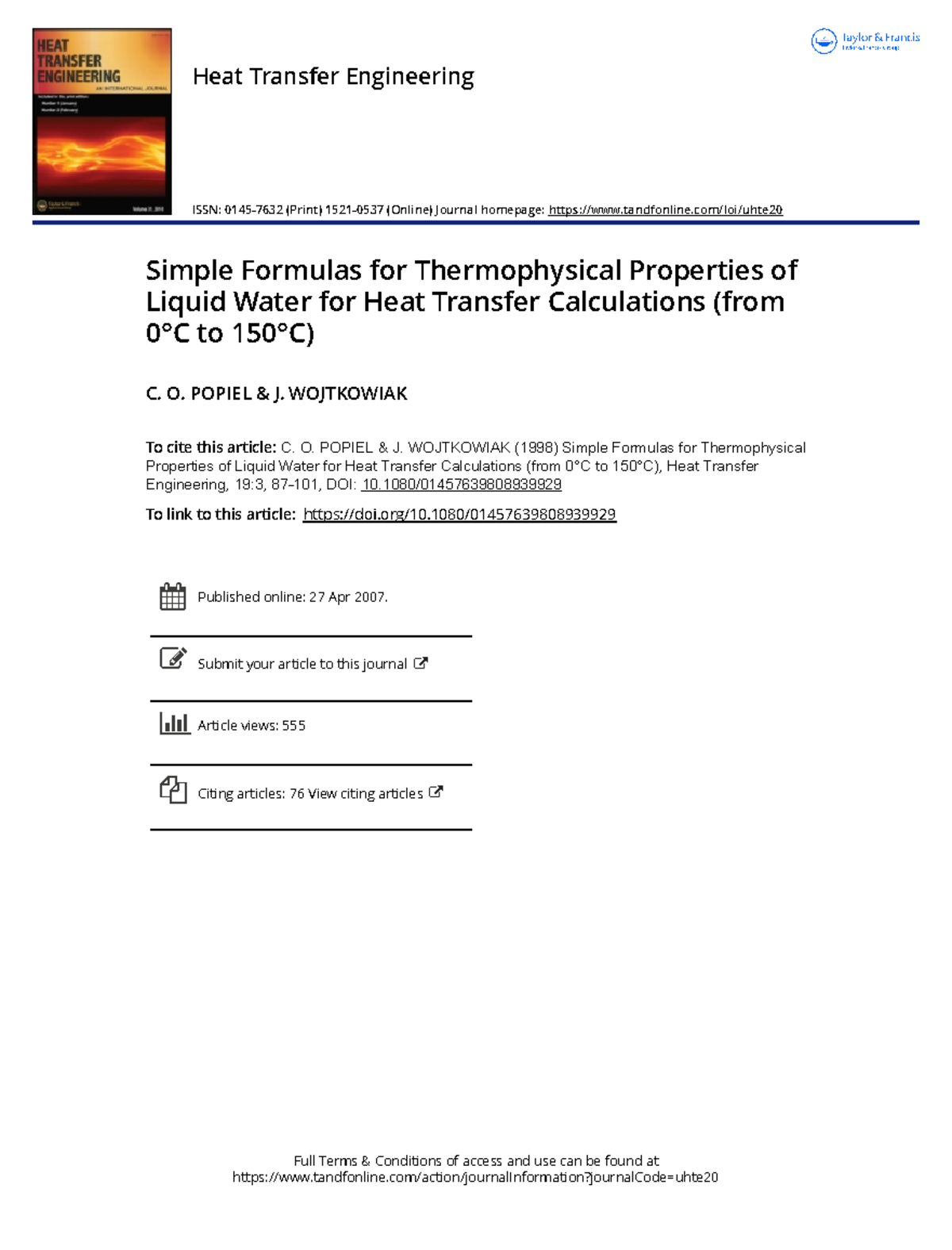 Simple Formulas for Thermophysical Properties of Liquid Water for Heat Transfer Calculations ...